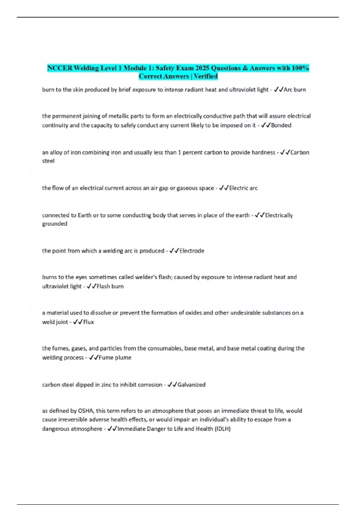 NCCER Welding Level 1 Module 1: Safety Exam 2025 Questions & Answers ...