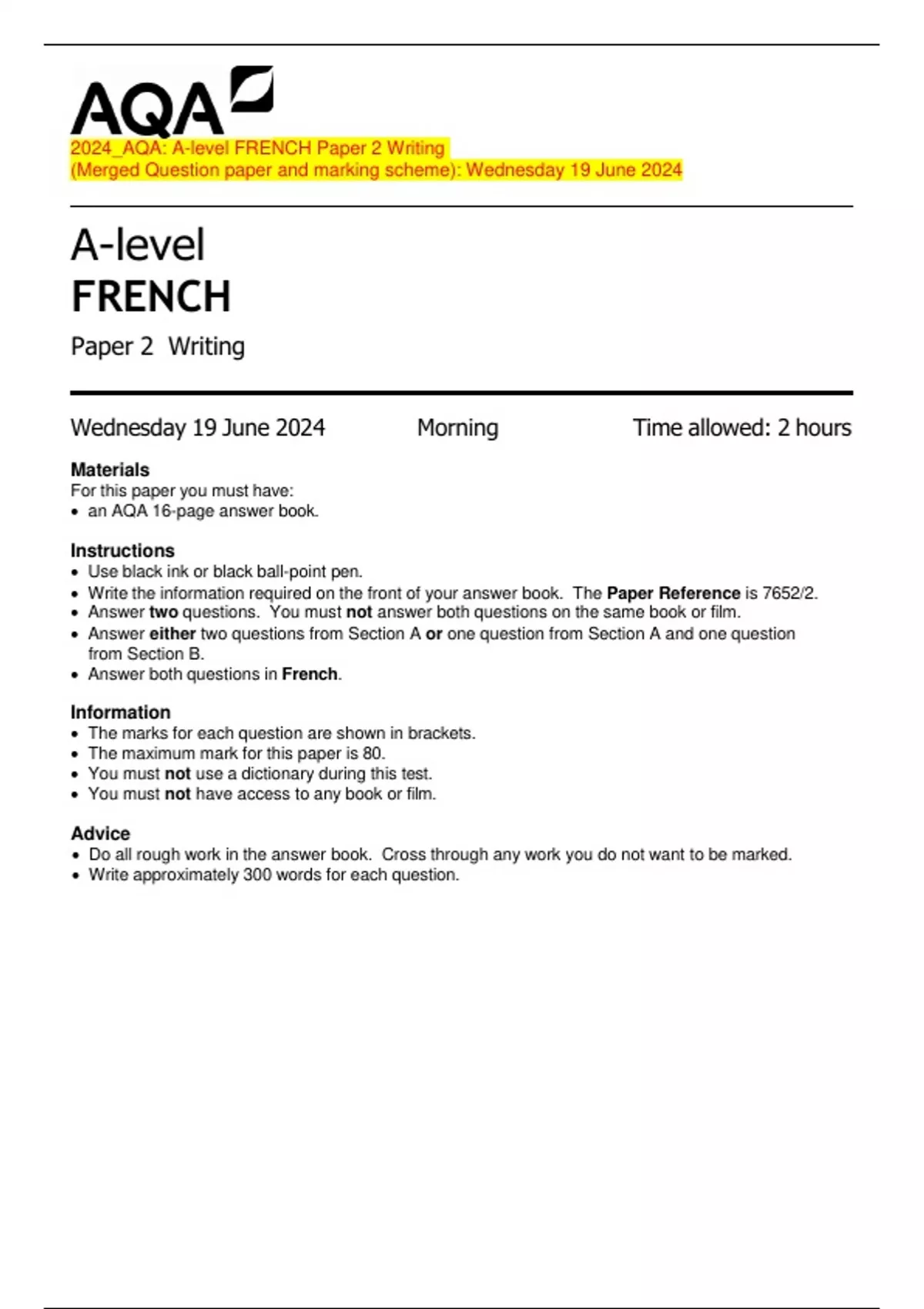 2024_AQA: A-level FRENCH Paper 2 Writing (Merged Question paper and marking scheme): Wednesday ...