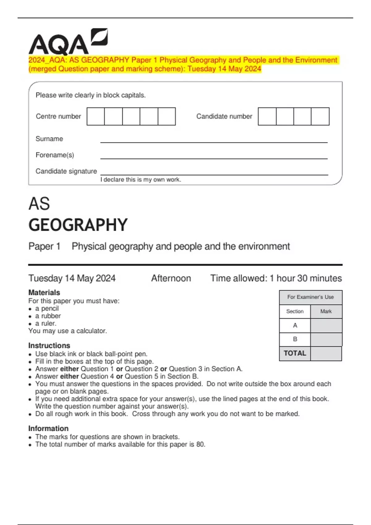2024_AQA: AS GEOGRAPHY Paper 1 Physical Geography and People and the ...