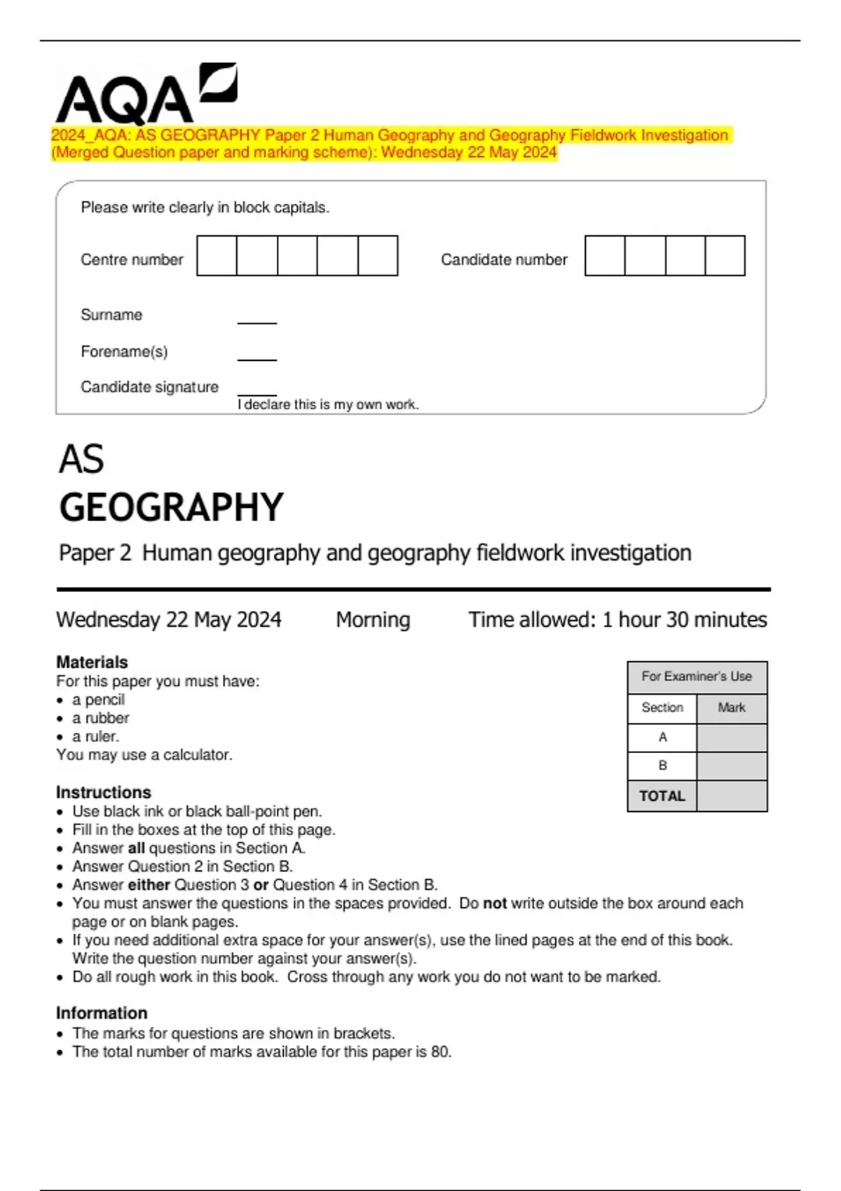 2024_AQA: AS GEOGRAPHY Paper 2 Human Geography and Geography Fieldwork ...