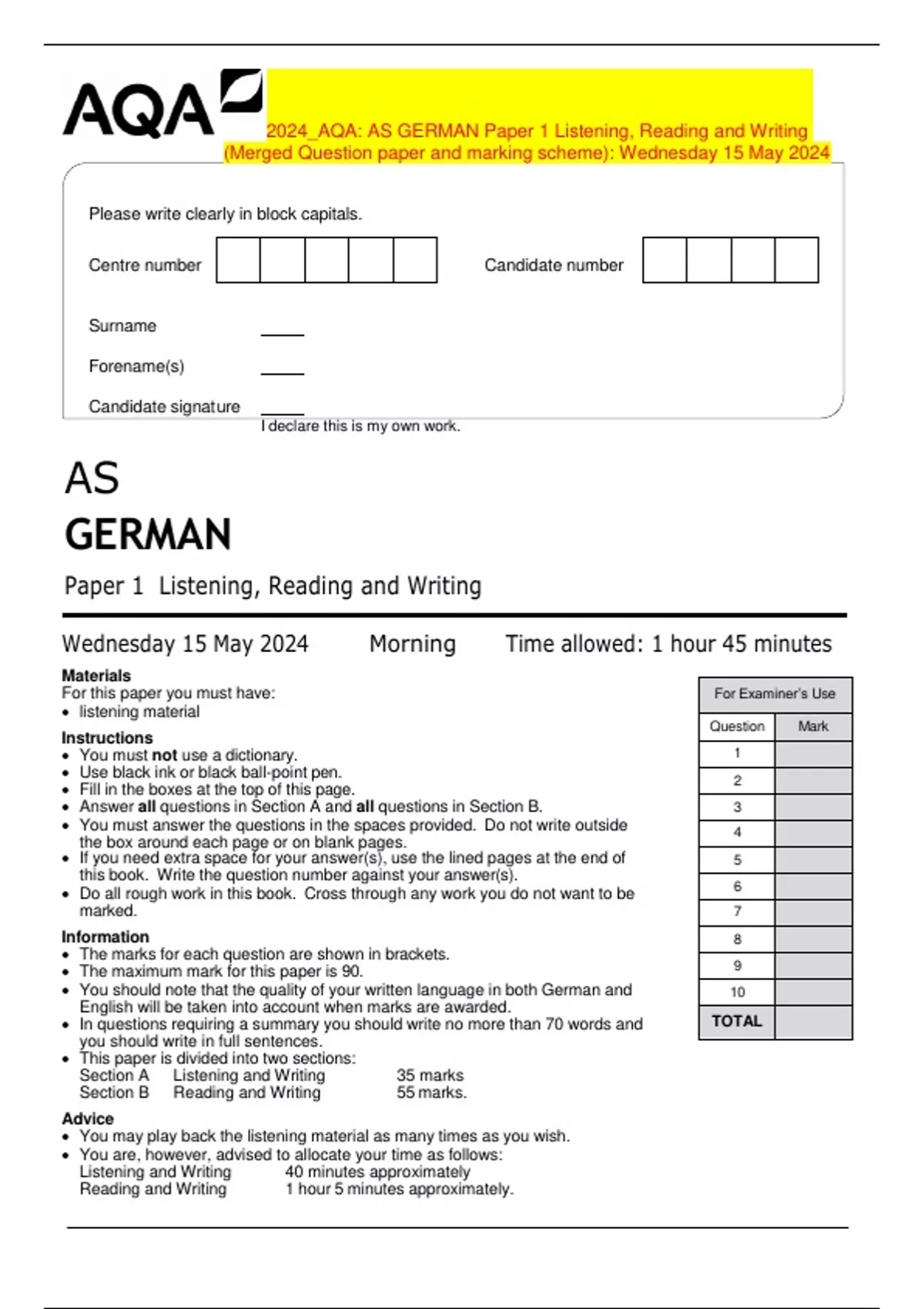 2024_AQA: AS GERMAN Paper 1 Listening, Reading and Writing (Merged ...