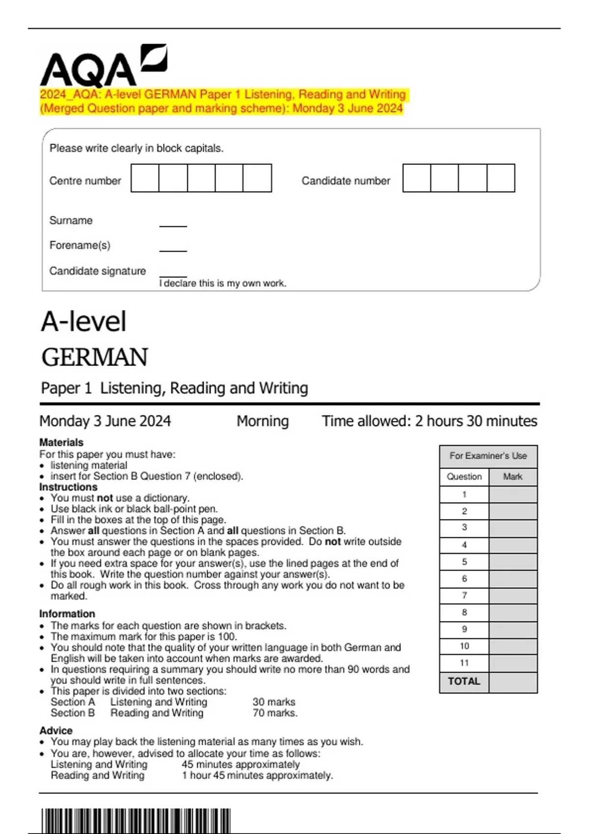 2024_AQA: A-level GERMAN Paper 1 Listening, Reading and Writing (Merged ...