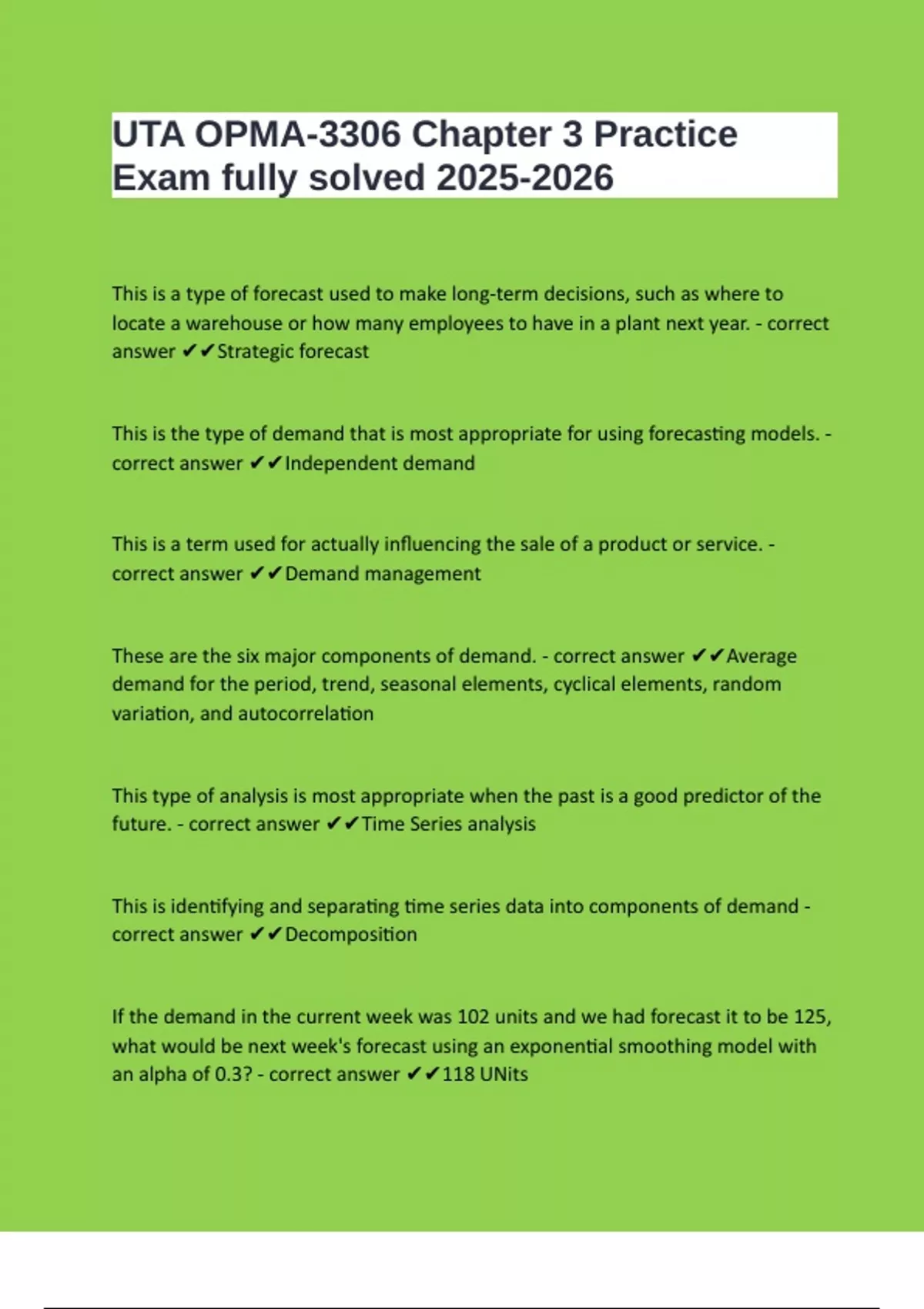 UTA OPMA-3306 Chapter 3 Practice Exam fully solved - OPMA 3306 - Stuvia US