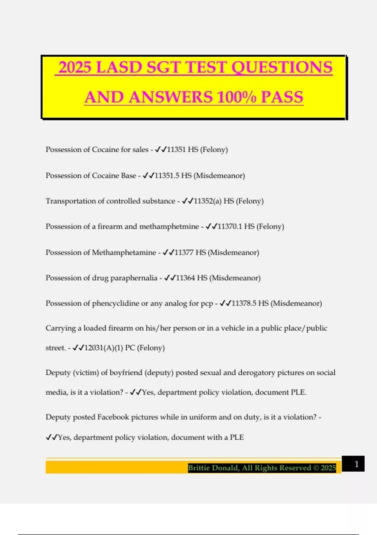 2025 LASD SGT TEST QUESTIONS AND ANSWERS 100% PASS - Lasd - Stuvia US