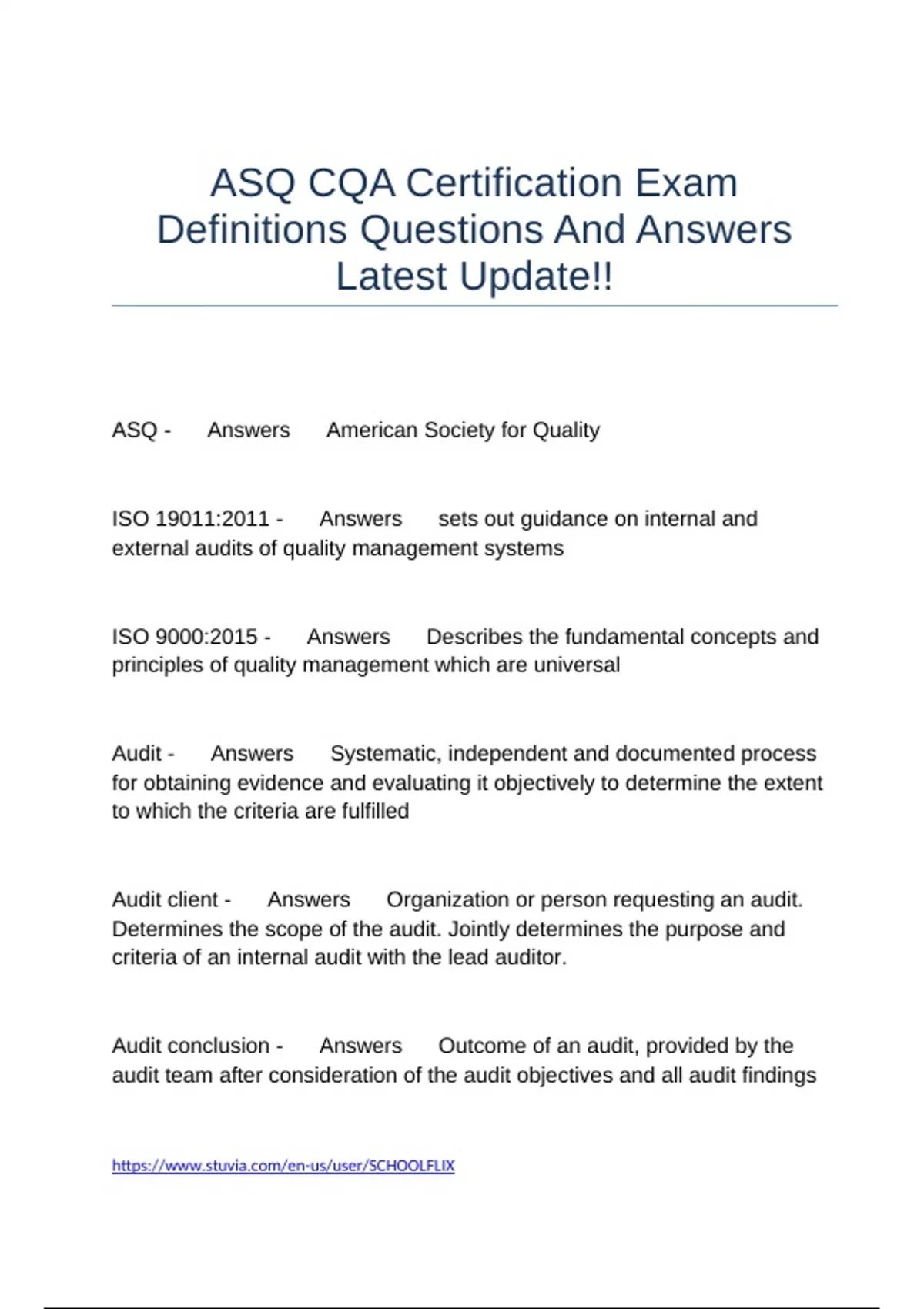 ASQ CQA Certification Exam Definitions Questions And Answers Latest ...