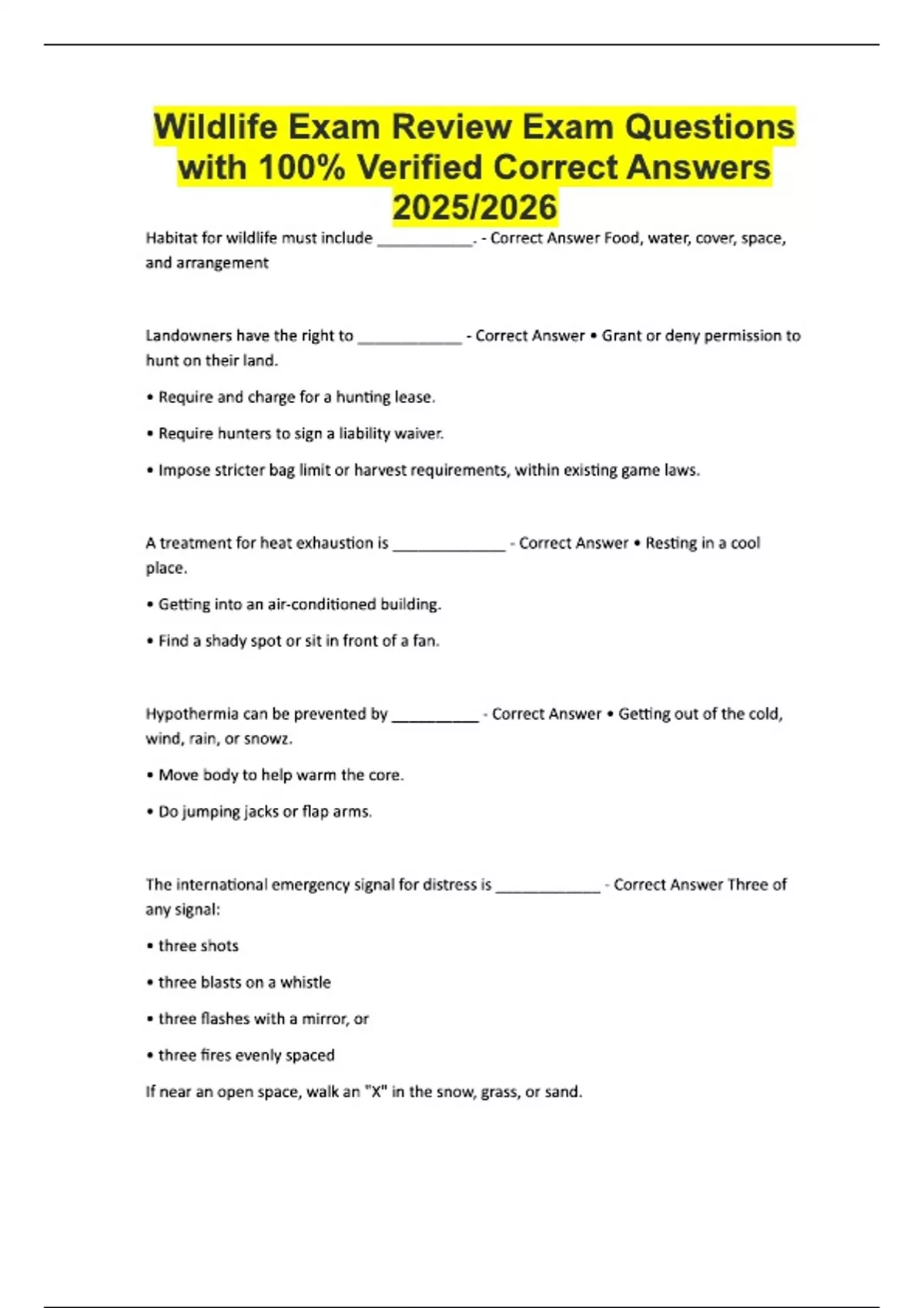 Wildlife Exam Review Exam Questions with 100% Verified Correct Answers ...