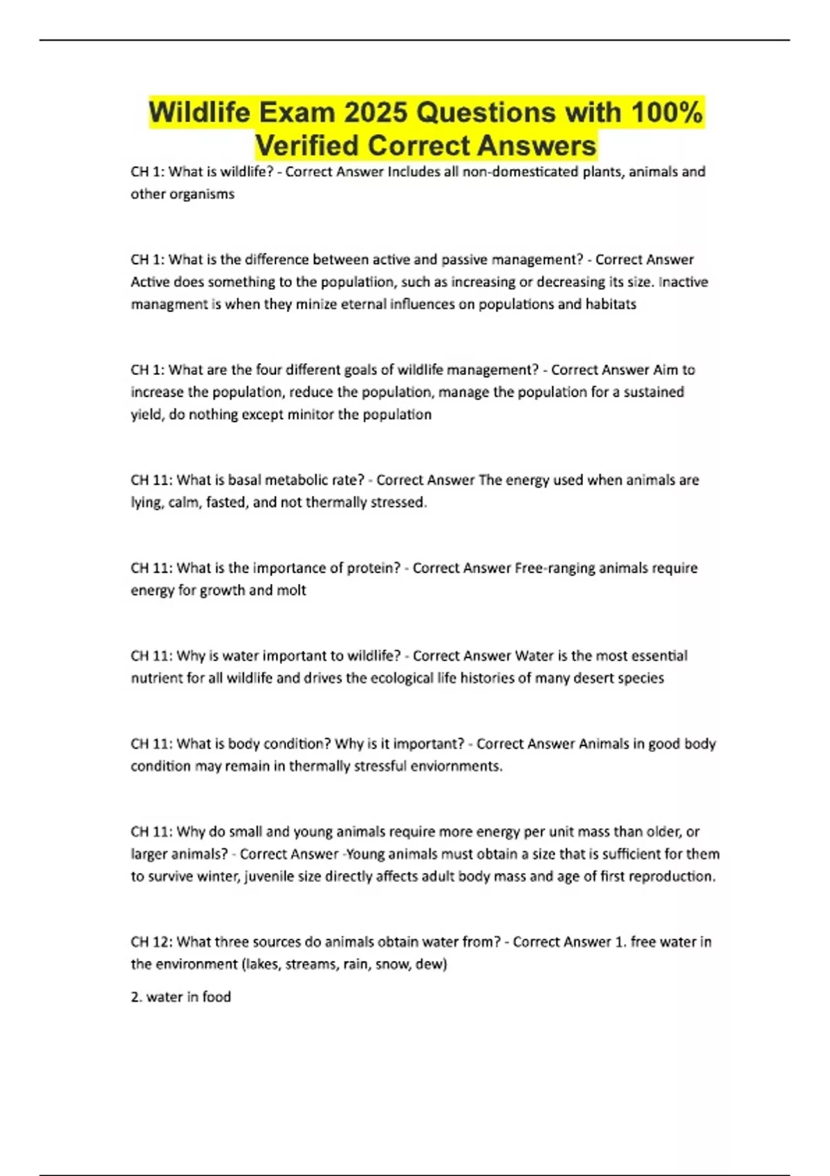 Wildlife Exam 2025 Questions with 100% Verified Correct Answers ...