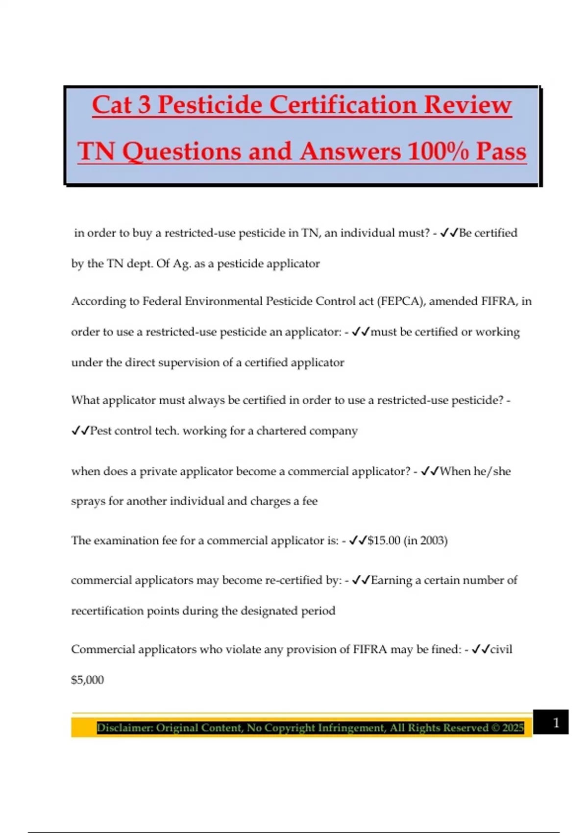 Cat 3 Pesticide Certification Review TN Questions and Answers 100% Pass ...
