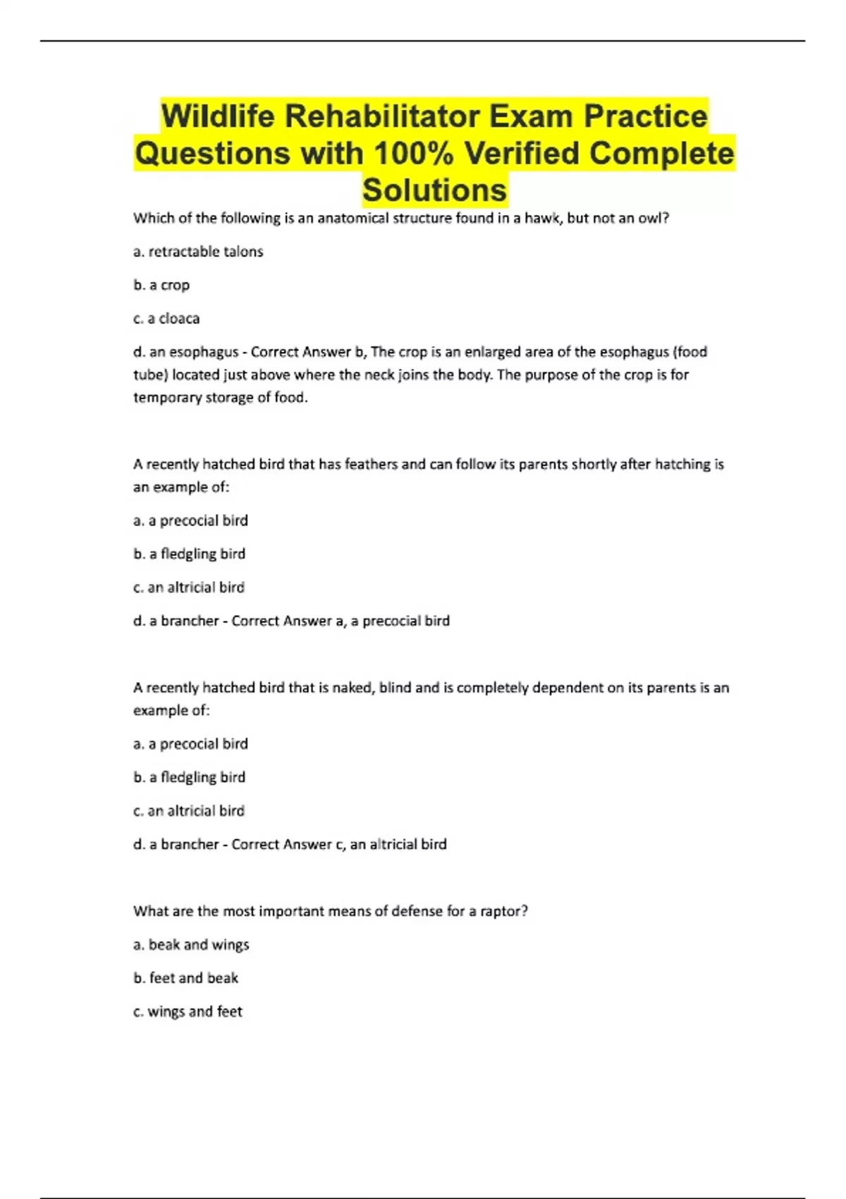 Wildlife Rehabilitator Exam Practice Questions with 100% Verified ...