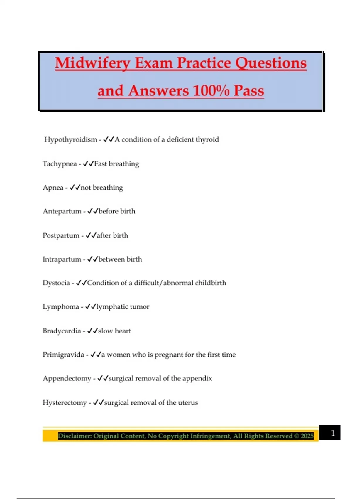 Midwifery Exam Practice Questions and Answers 100% Pass - Midwifery ...