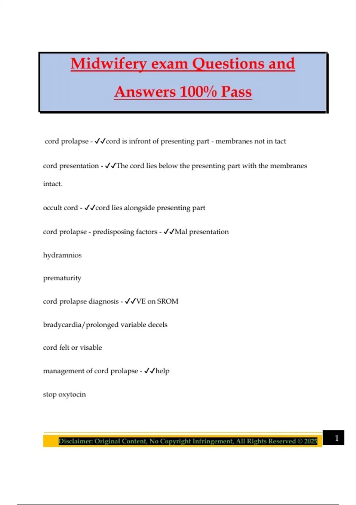 Midwifery exam Questions and Answers 100% Pass - Midwifery - Stuvia US