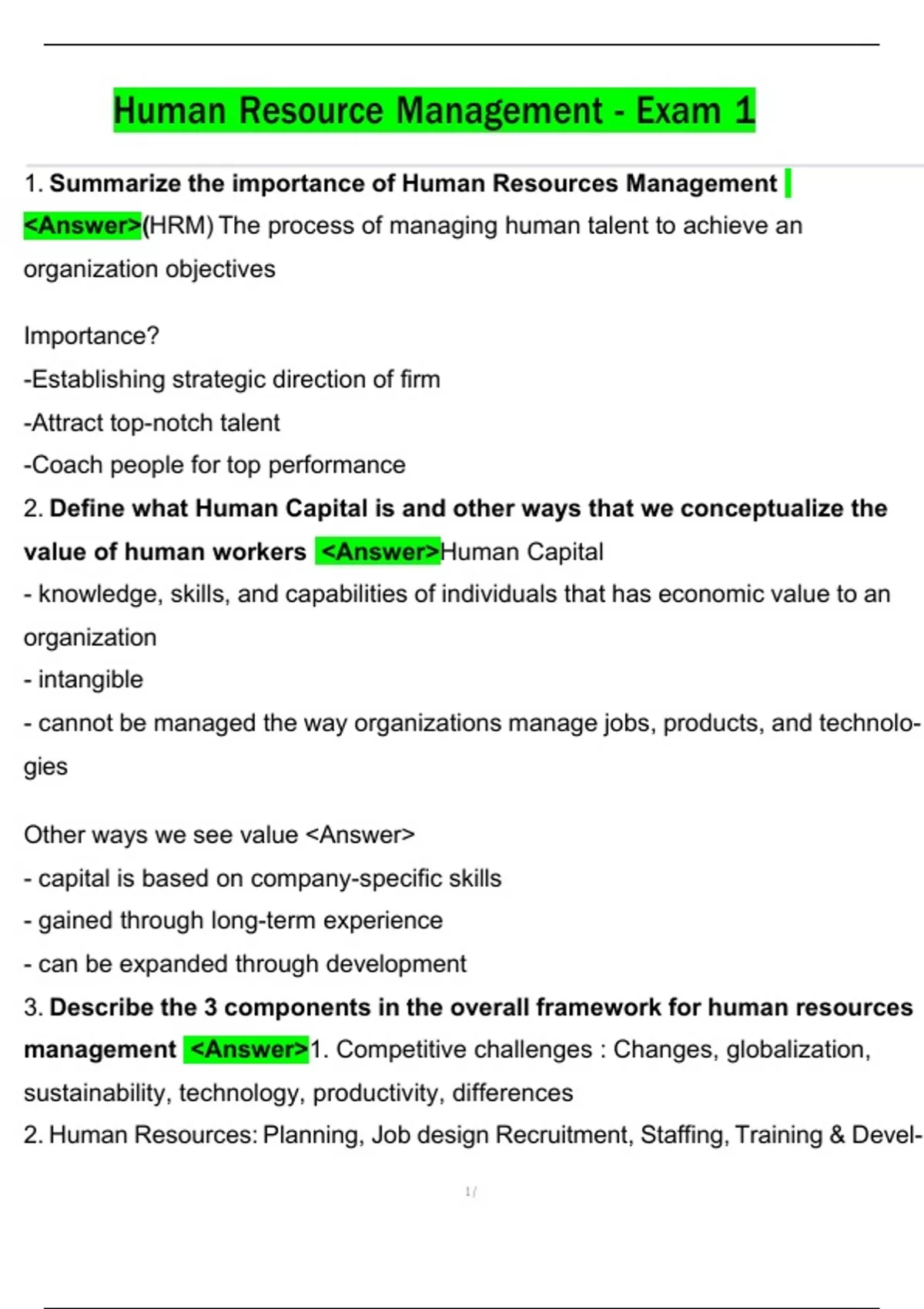 Human Resources Management- Exam 1 Review Questions and Answers Fully ...