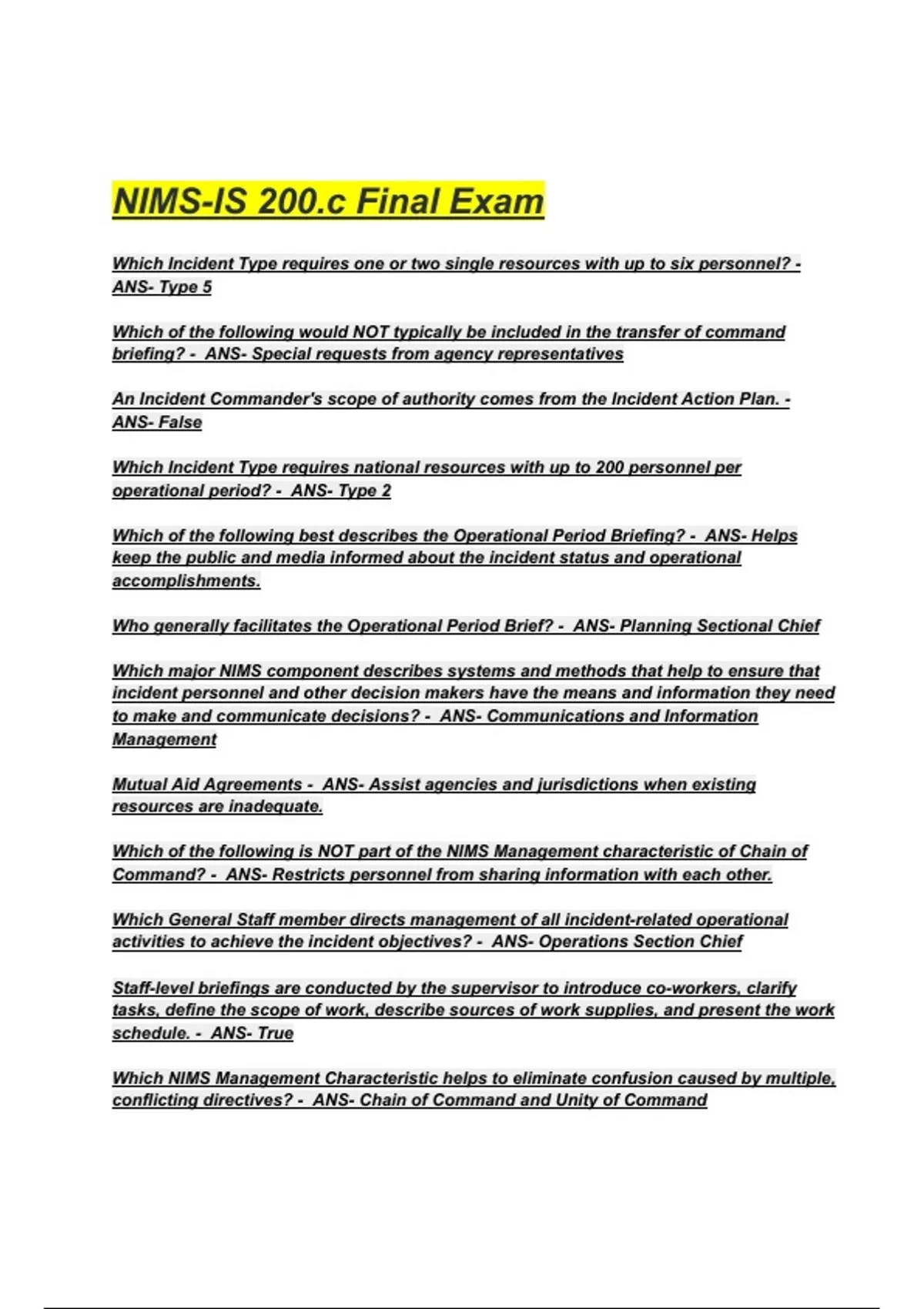 NIMS-IS 200.c Final Exam Questions with correct Answers 2025/2026( A+ GRADED 100% VERIFIED ...