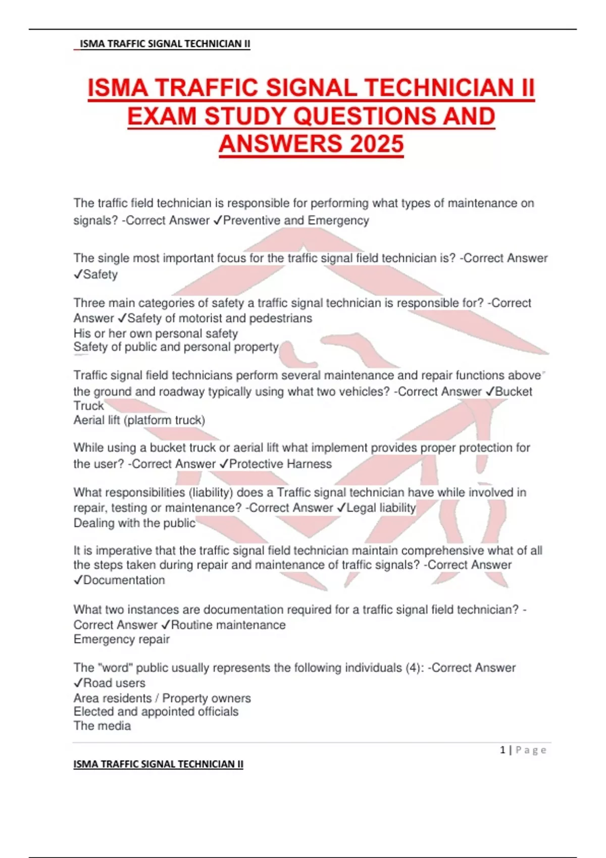 ISMA TRAFFIC SIGNAL TECHNICIAN II EXAM STUDY QUESTIONS AND ANSWERS 2025 ...