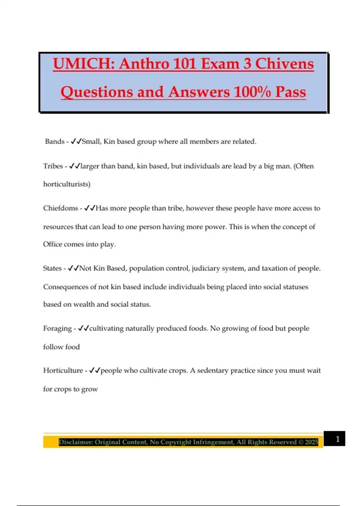 UMICH: Anthro 101 Exam 3 Chivens Questions and Answers 100% Pass ...
