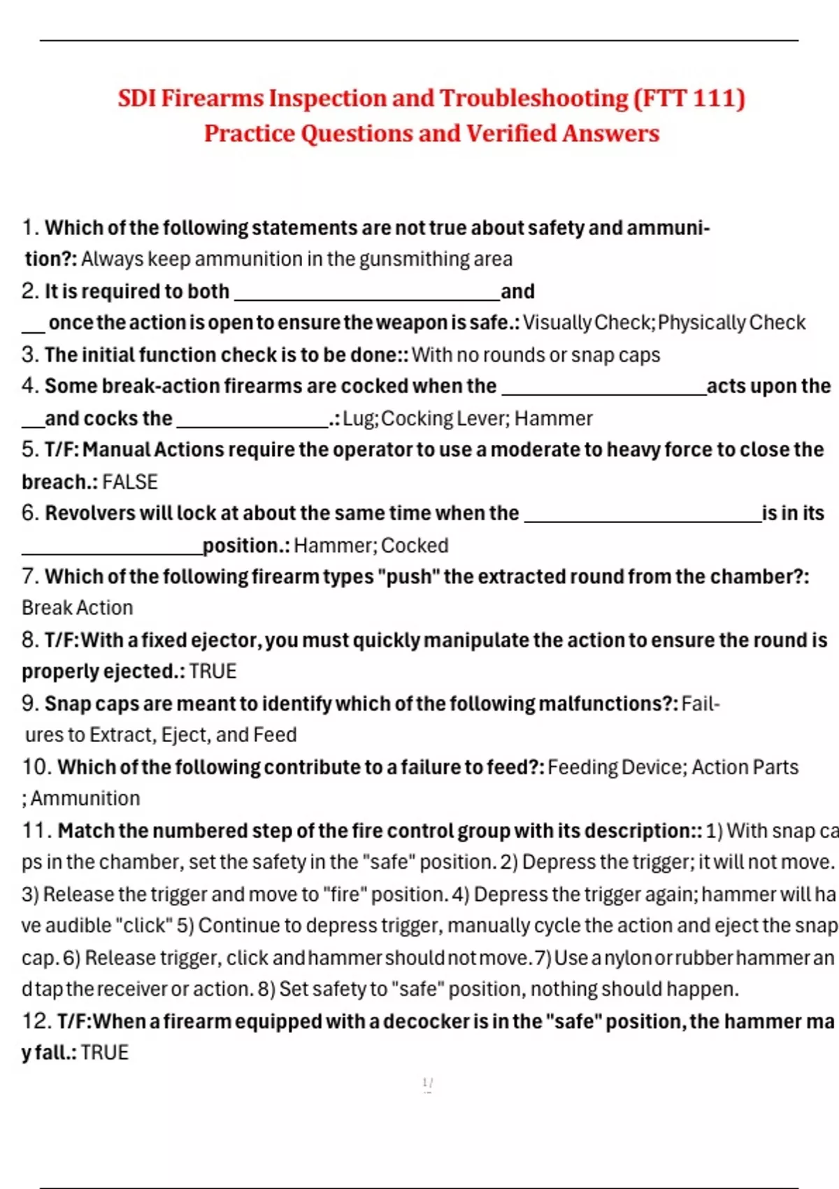 SDI Firearms Inspection and Troubleshooting (FTT 111) Practice ...