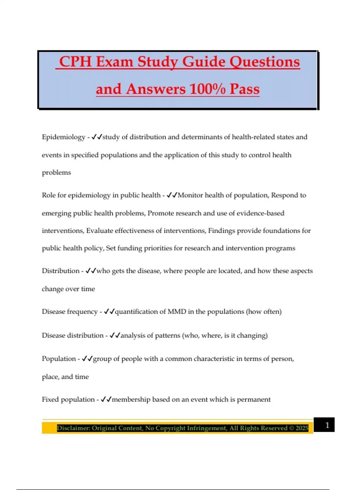 CPH Exam Study Guide Questions and Answers 100% Pass - CPH - Stuvia US