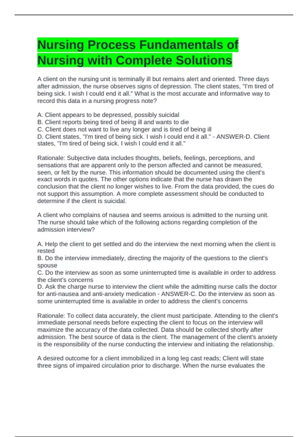 Nursing Process Fundamentals of Nursing with Complete Solutions ...