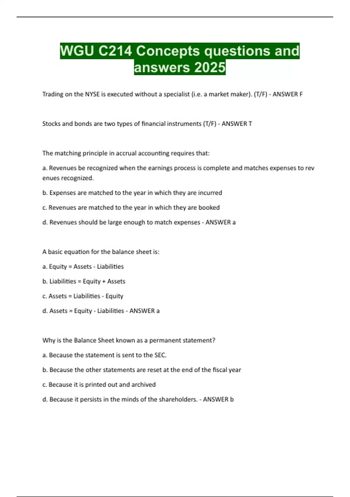WGU C214 Concepts questions and answers 2025 - C214 - Stuvia US