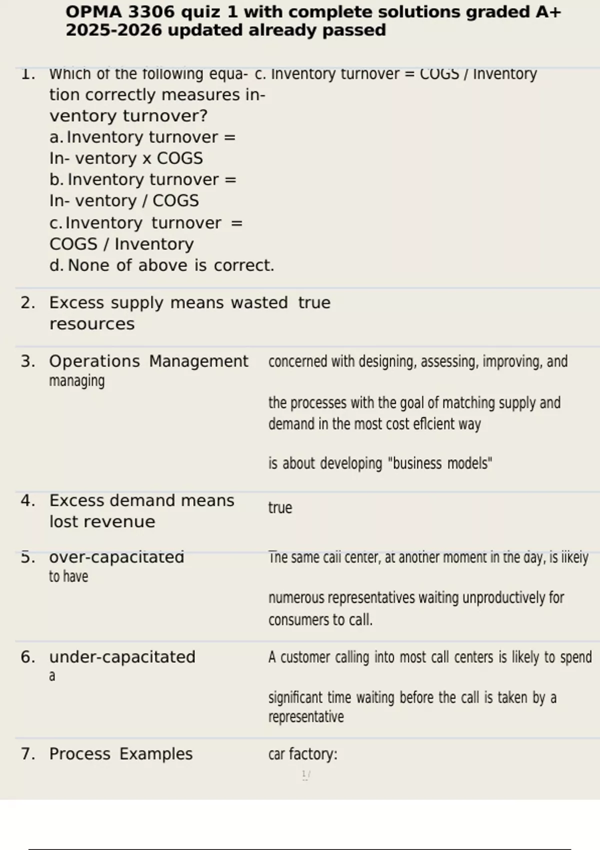 OPMA 3306 quiz 1 with complete solutions graded A+ updated already ...