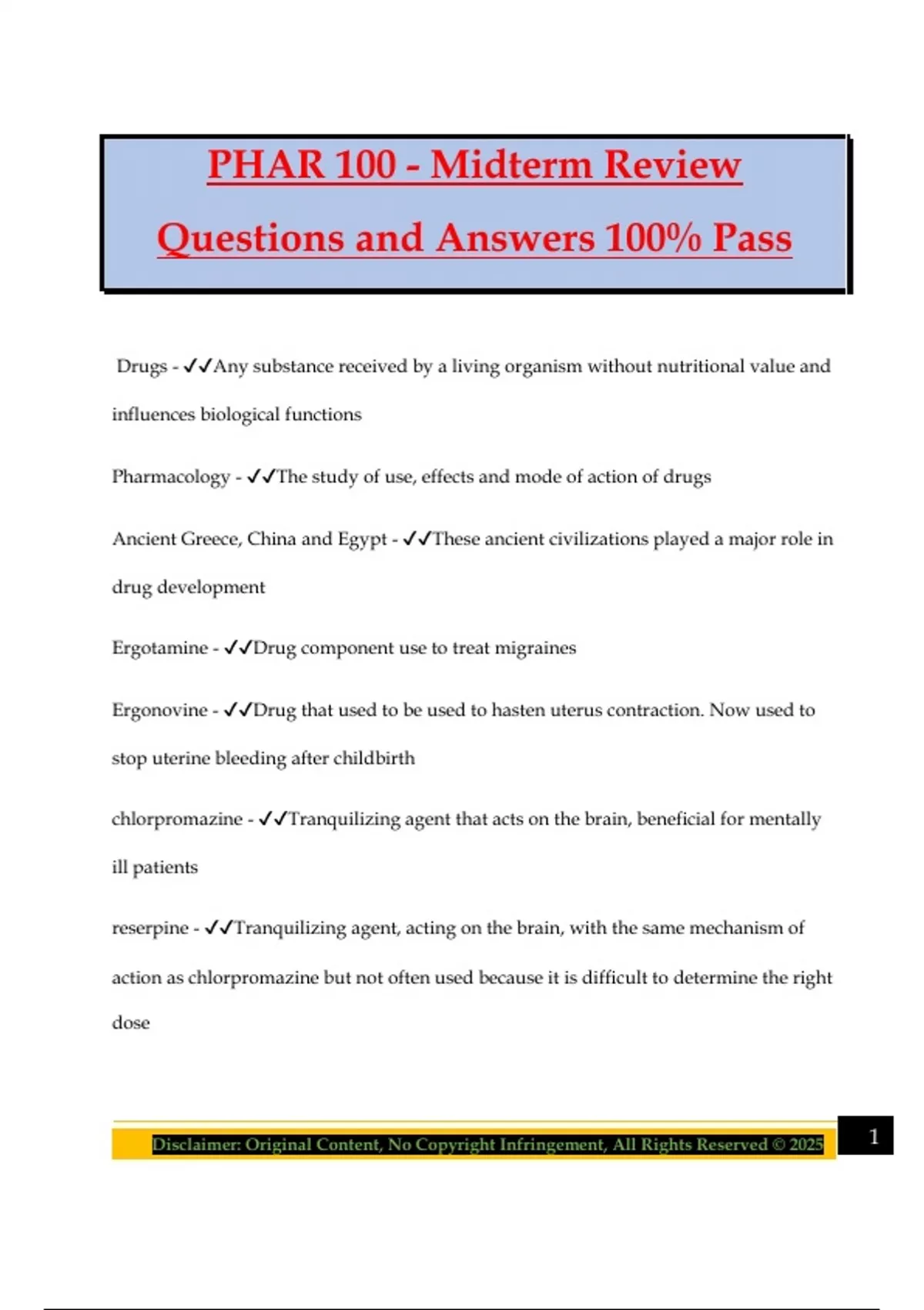 PHAR 100 - Midterm Review Questions and Answers 100% Pass - PHAR 100 ...