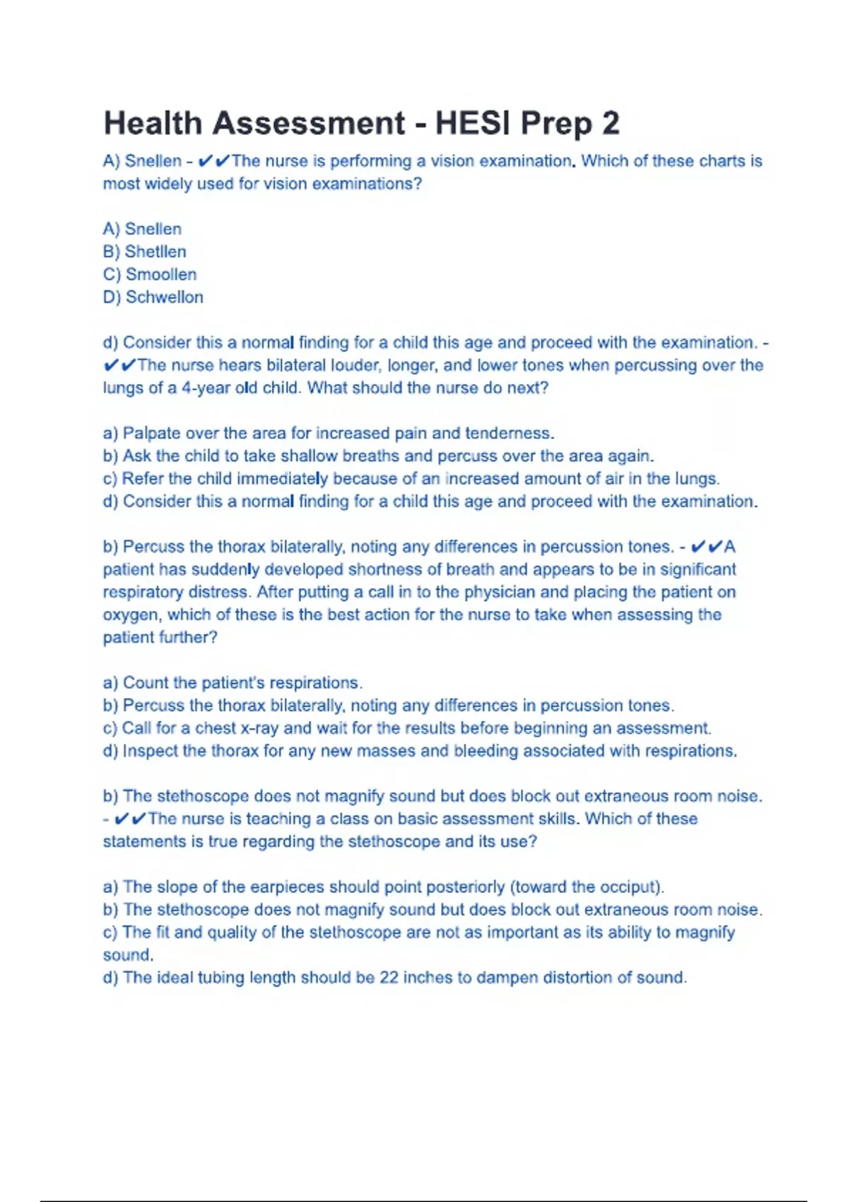 Health Assessment - HESI Prep 2 Questions & answers with Rationales ...