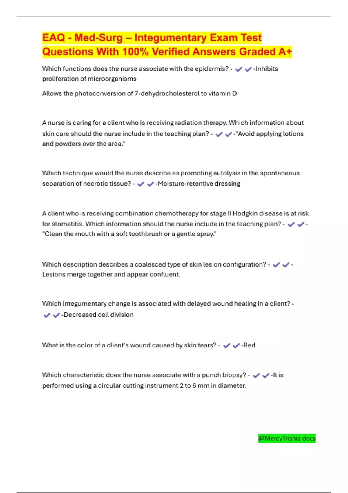 EAQ - Med-Surg – Integumentary Exam Test Questions With 100% Verified ...