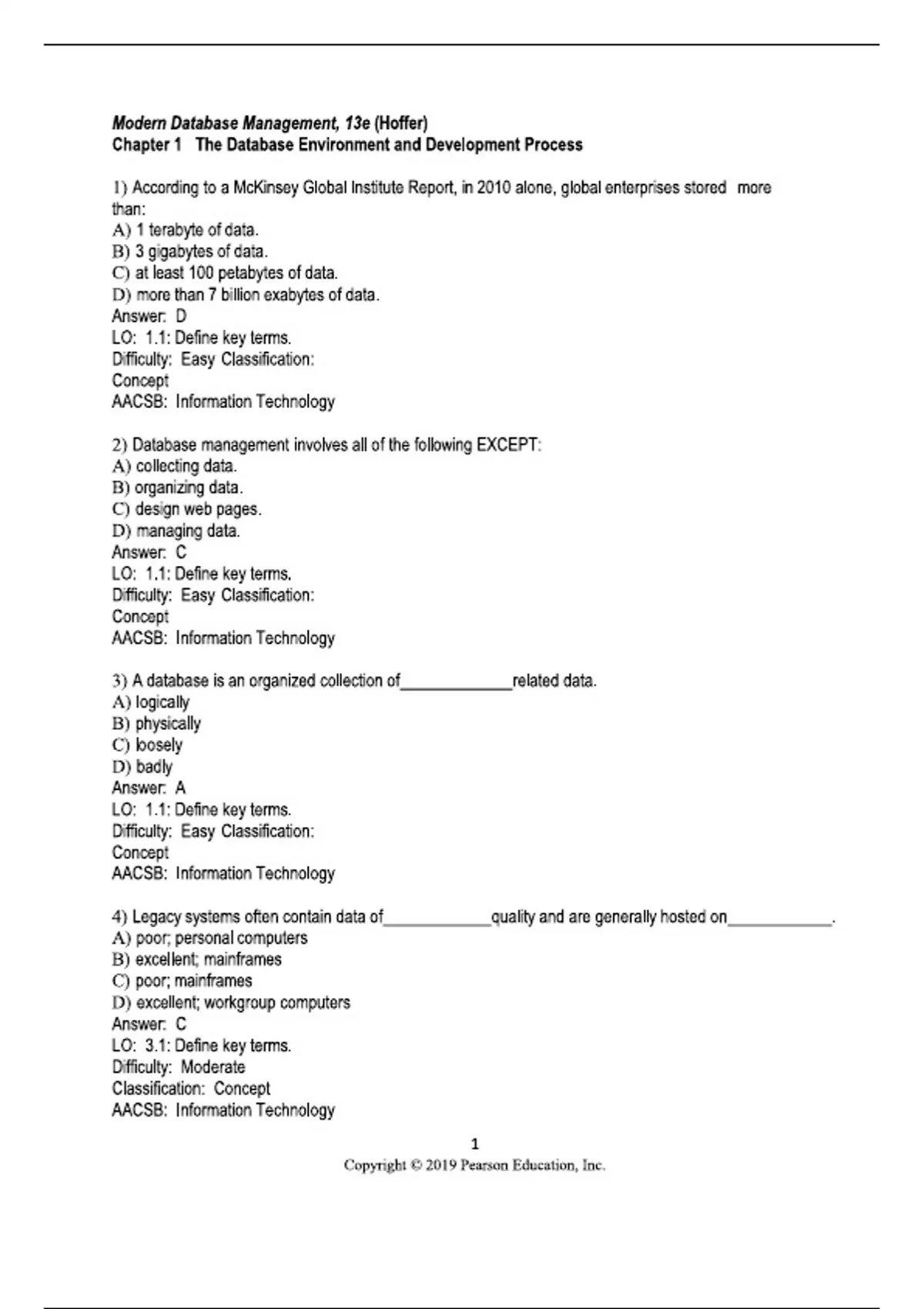 TEST BANK For Modern Database Management, 13th Edition, Jeff Hoffer ...