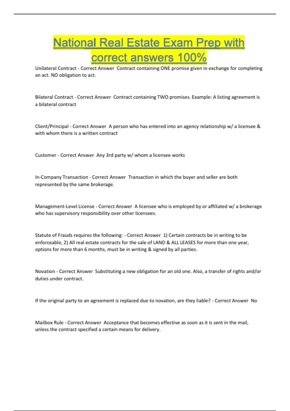 Real Estate Practice Exam Questions with correct answers 100% 2025^2026 ...