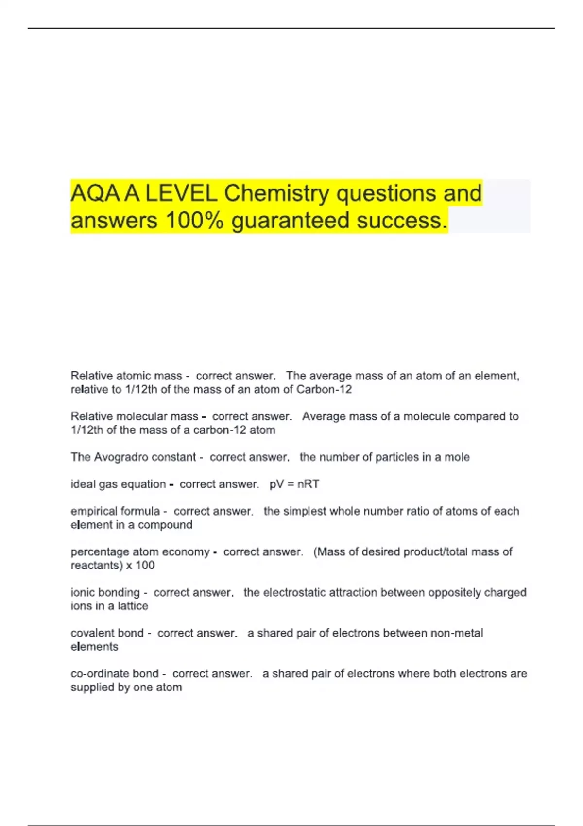 AQA A LEVEL Chemistry questions and answers 100 - AQA - Stuvia US