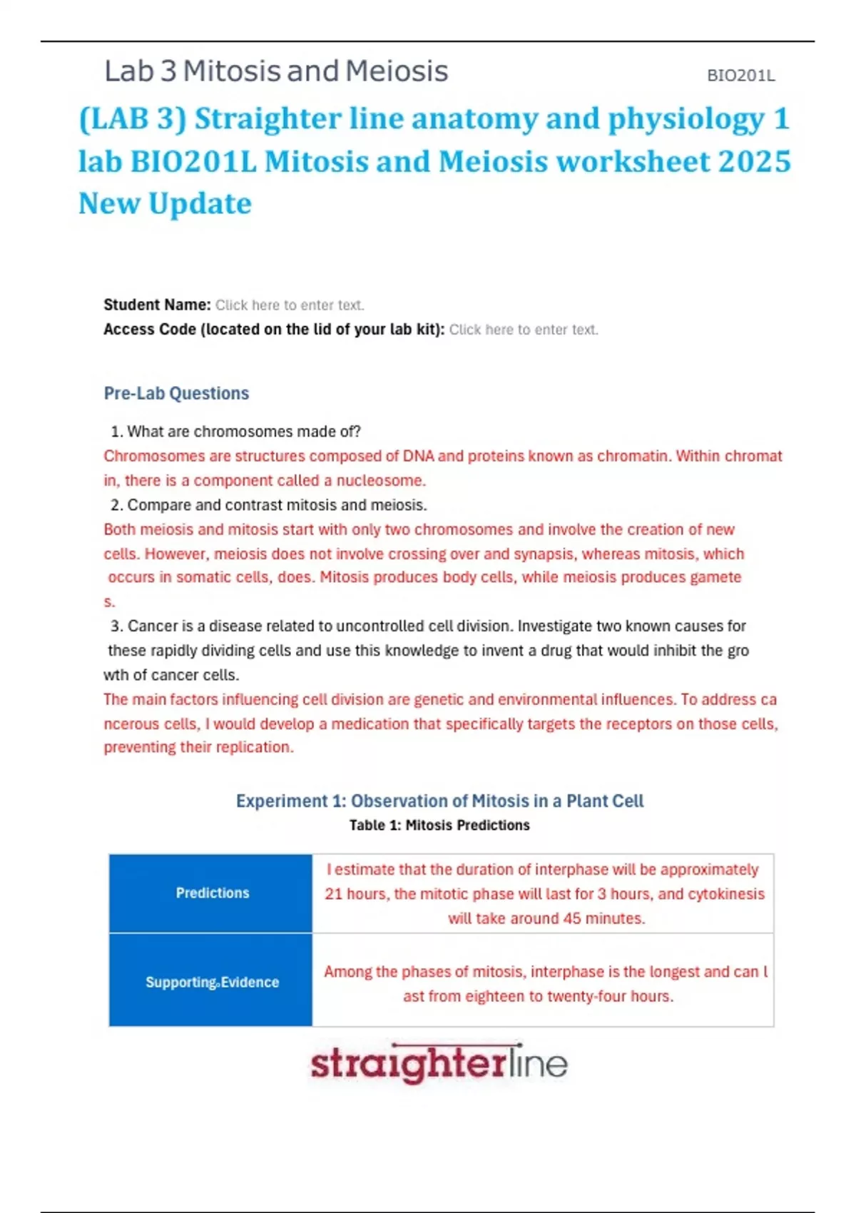 Lab 3 Mitosis and Meiosis BIO201L (LAB 3) Straighter line anatomy and ...
