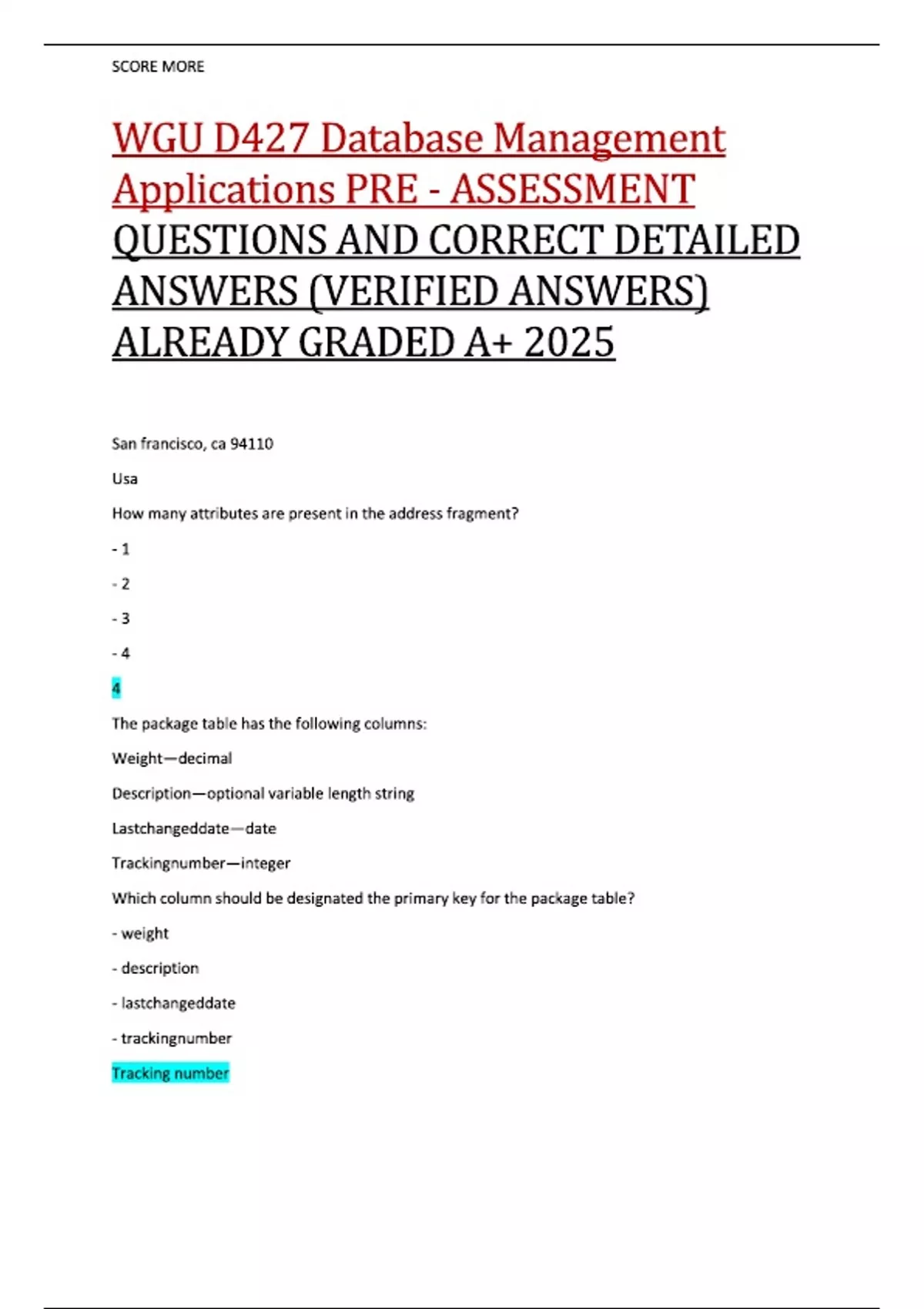 WGU D427 Database Management Applications PRE - ASSESSMENT QUESTIONS AND CORRECT DETAILED ...