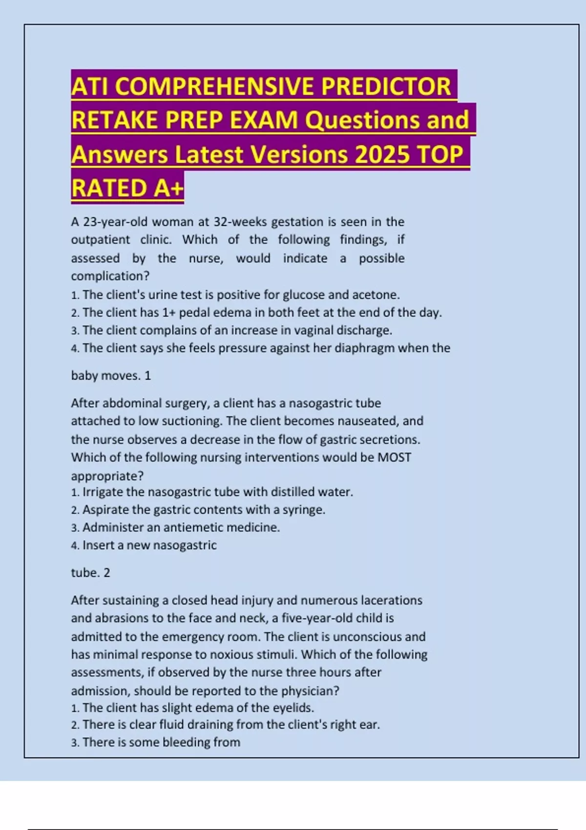 ATI COMPREHENSIVE PREDICTOR RETAKE PREP EXAM Questions and Answers ...