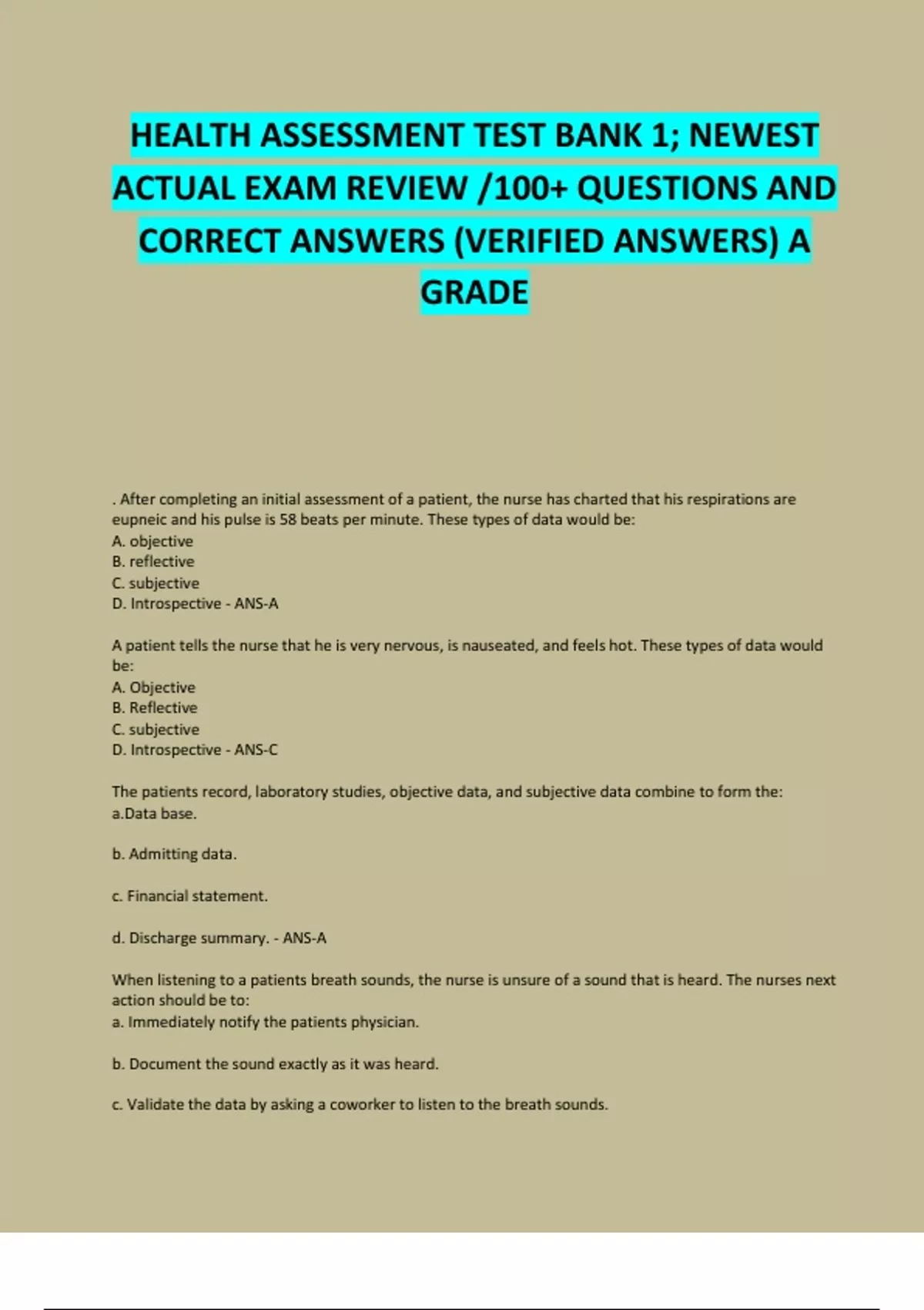 HEALTH ASSESSMENT TEST BANK 1; NEWEST ACTUAL EXAM REVIEW; 100 ...