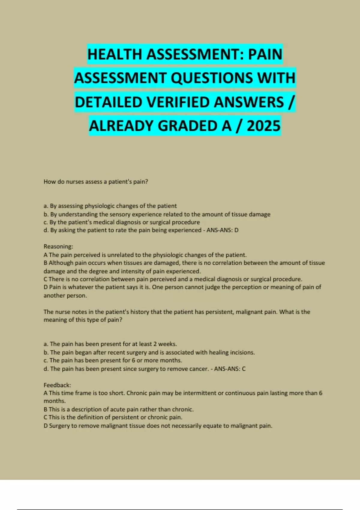 HEALTH ASSESSMENT; PAIN ASSESSMENT QUESTIONS WITH DETAILED VERIFIED ...
