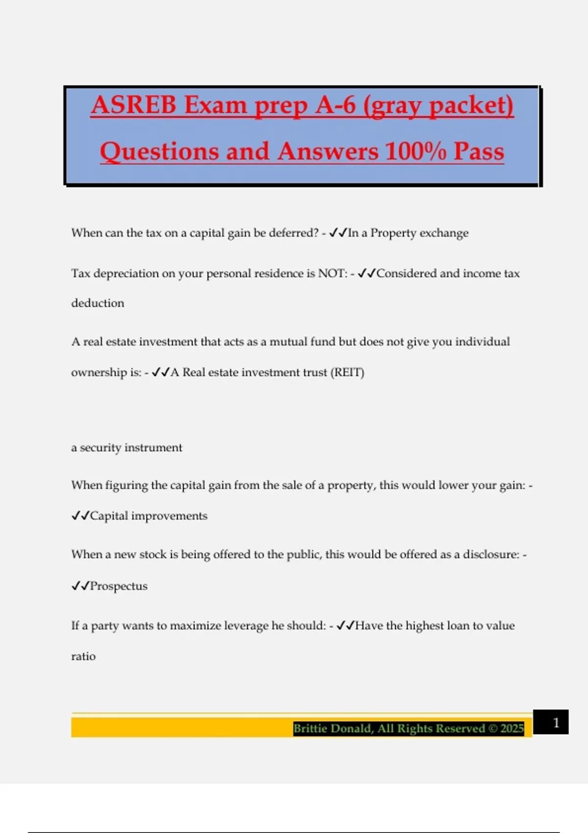 ASREB Exam prep A-6 (gray packet) Questions and Answers 100% Pass ...