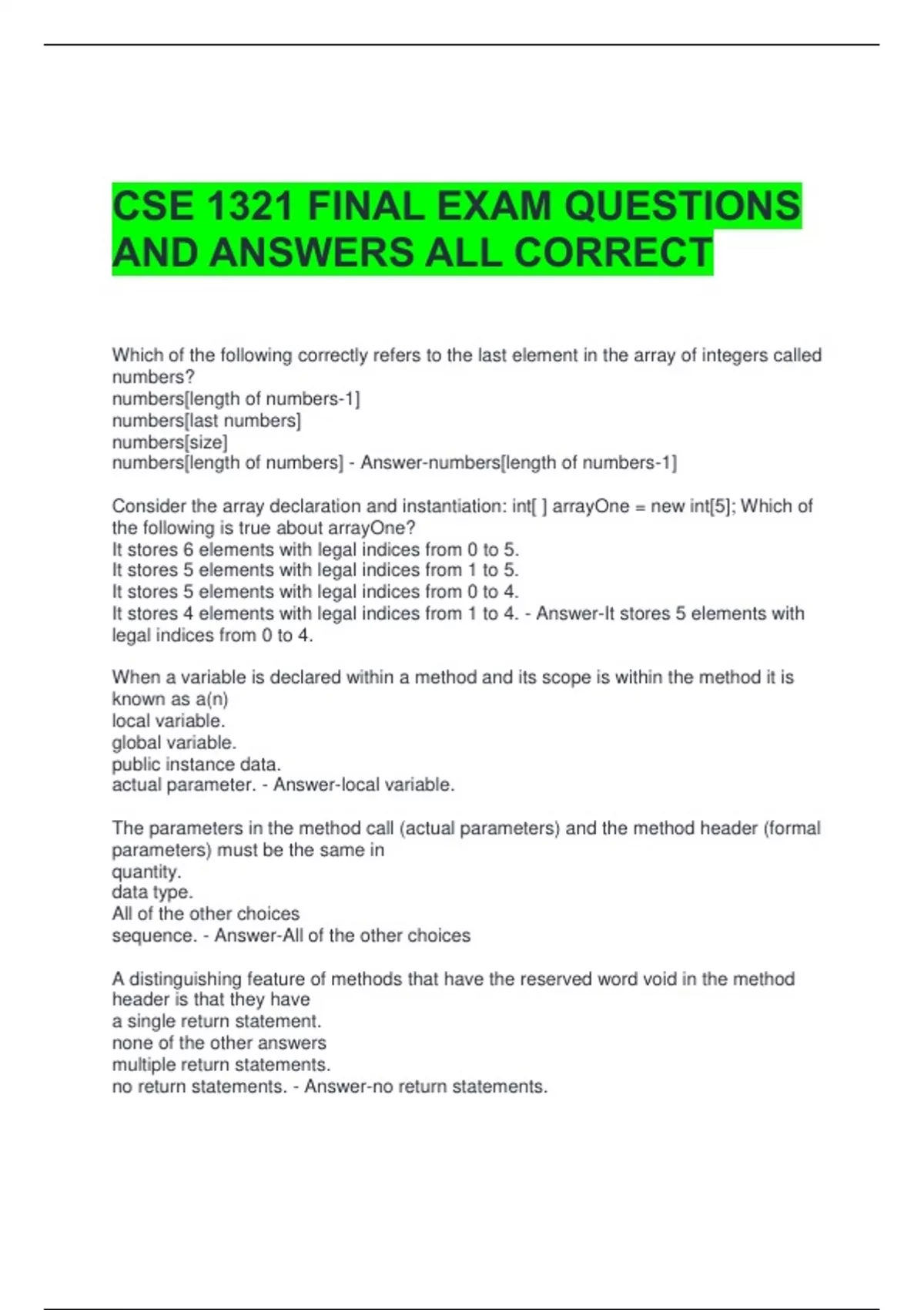 CSE 1321 FINAL EXAM QUESTIONS AND ANSWERS ALL CORRECT - CSE 1321 - Stuvia US