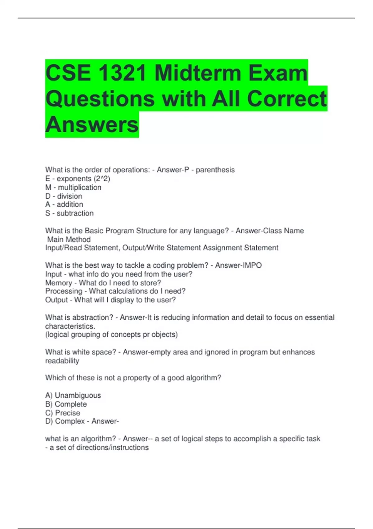CSE 1321 Midterm Exam Questions with All Correct Answers - CSE 1321 ...