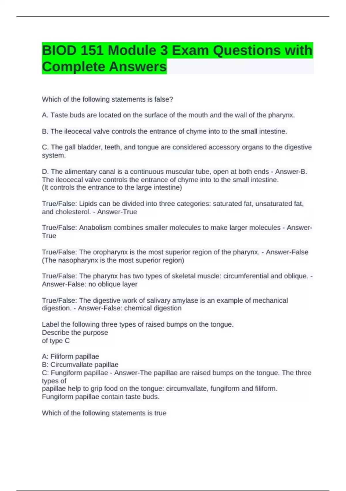 BIOD 151 Module 3 Exam Questions with Complete Answers - BIO 151 ...
