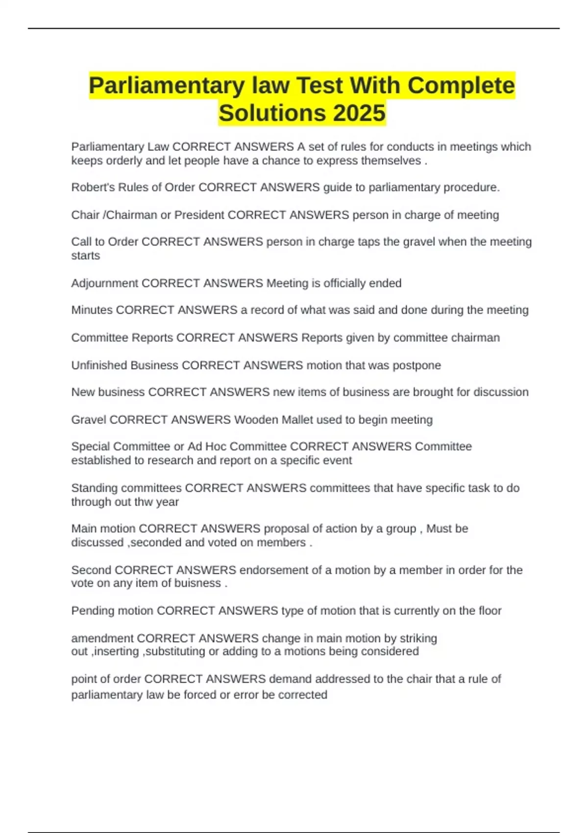 Parliamentary law Test With Complete Solutions 2025 - Parliamentary Law ...