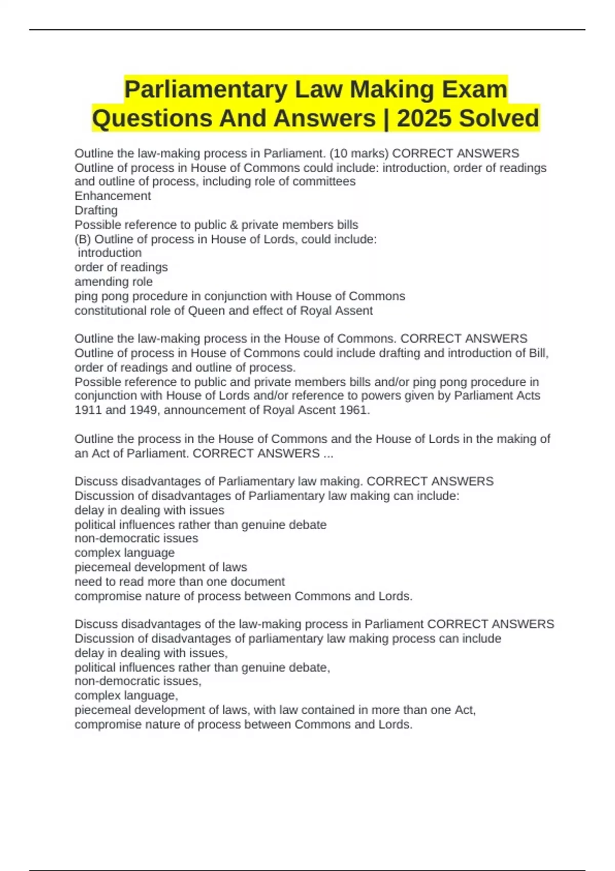Parliamentary Law Making Exam Questions And Answers | 2025 Solved ...