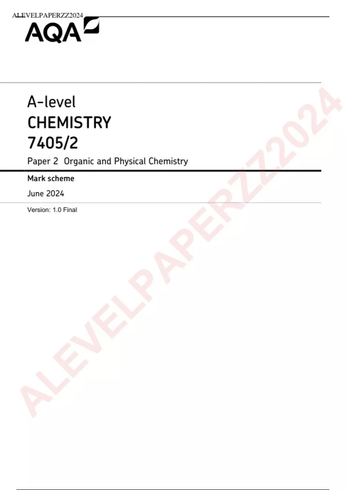 AQA A-Level Chemistry Paper 2 2024 - Mark Scheme - AQA A-Level ...