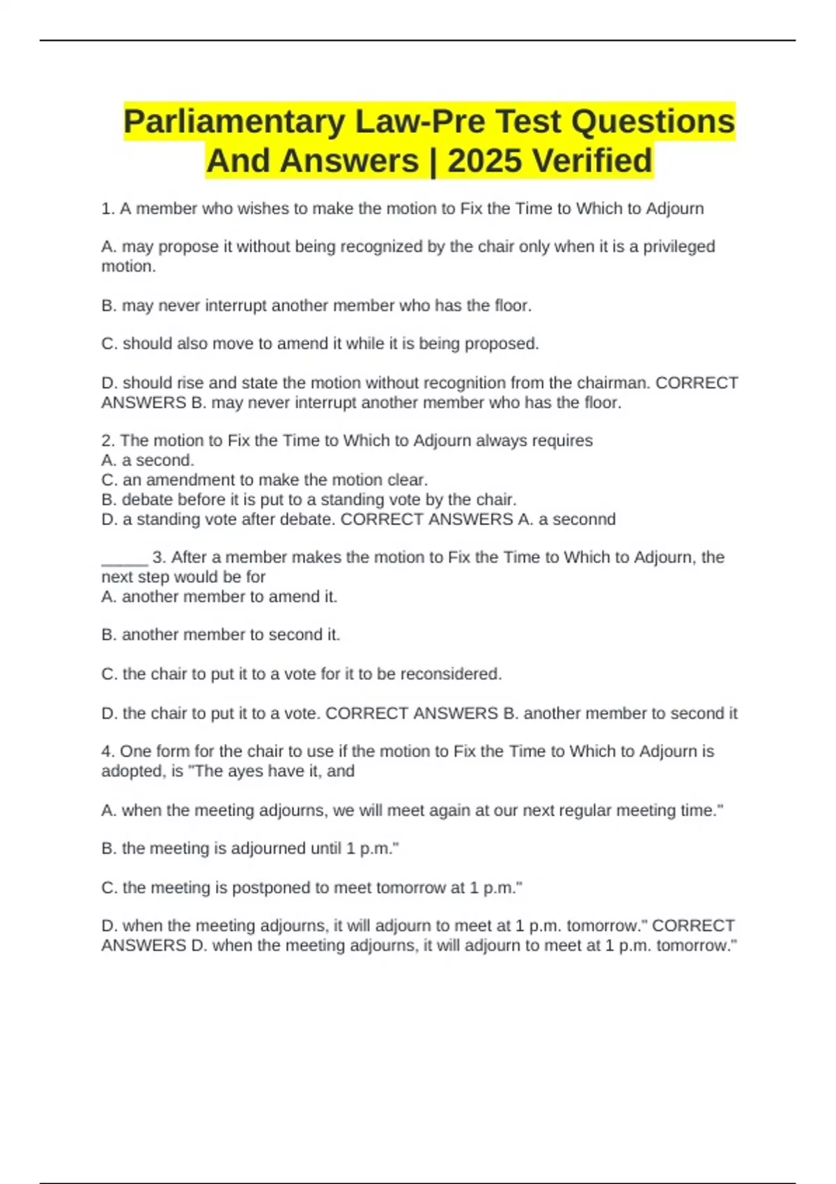 Parliamentary Law-Pre Test Questions And Answers | 2025 Verified ...