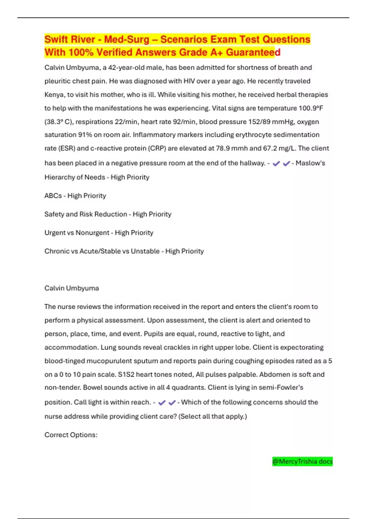 Swift River - Med-Surg – Scenarios Exam Test Questions With 100% ...