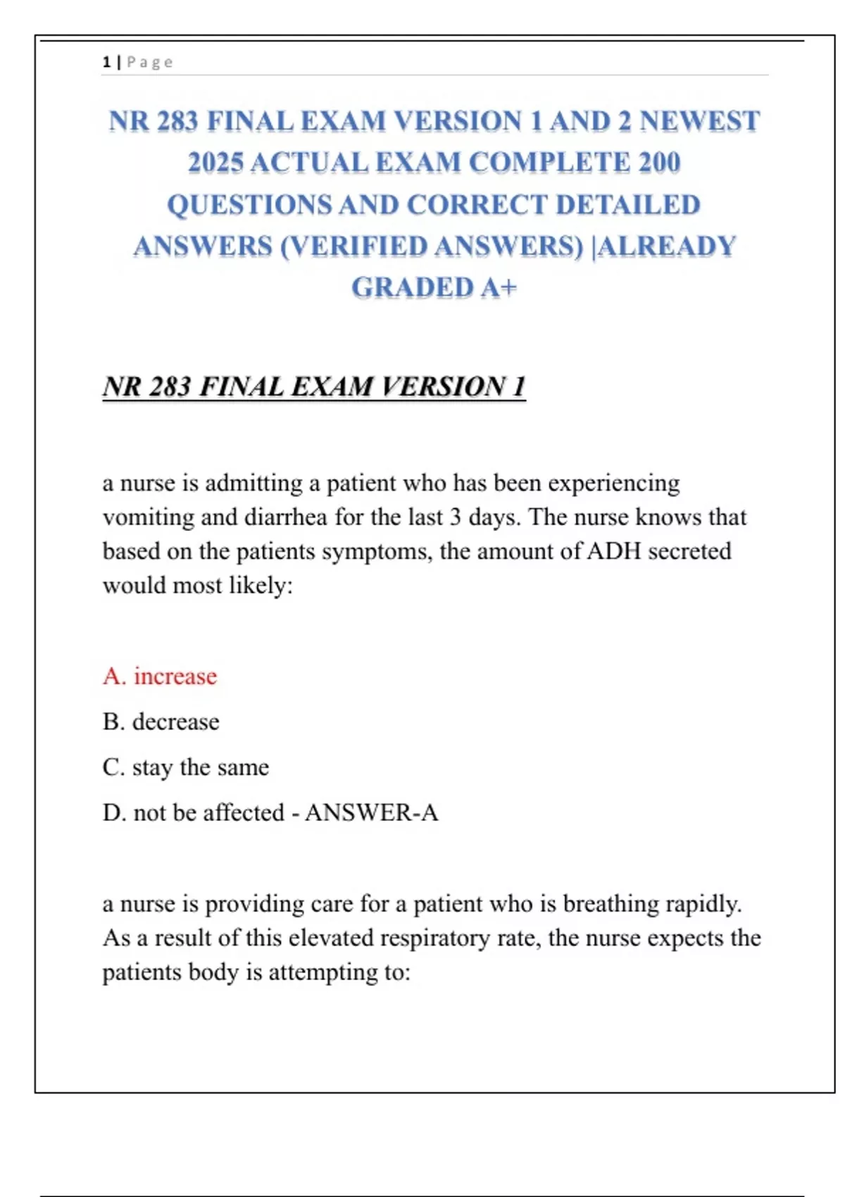 NR 283 FINAL EXAM VERSION 1 AND 2 NEWEST 2025 ACTUAL EXAM COMPLETE 200 ...