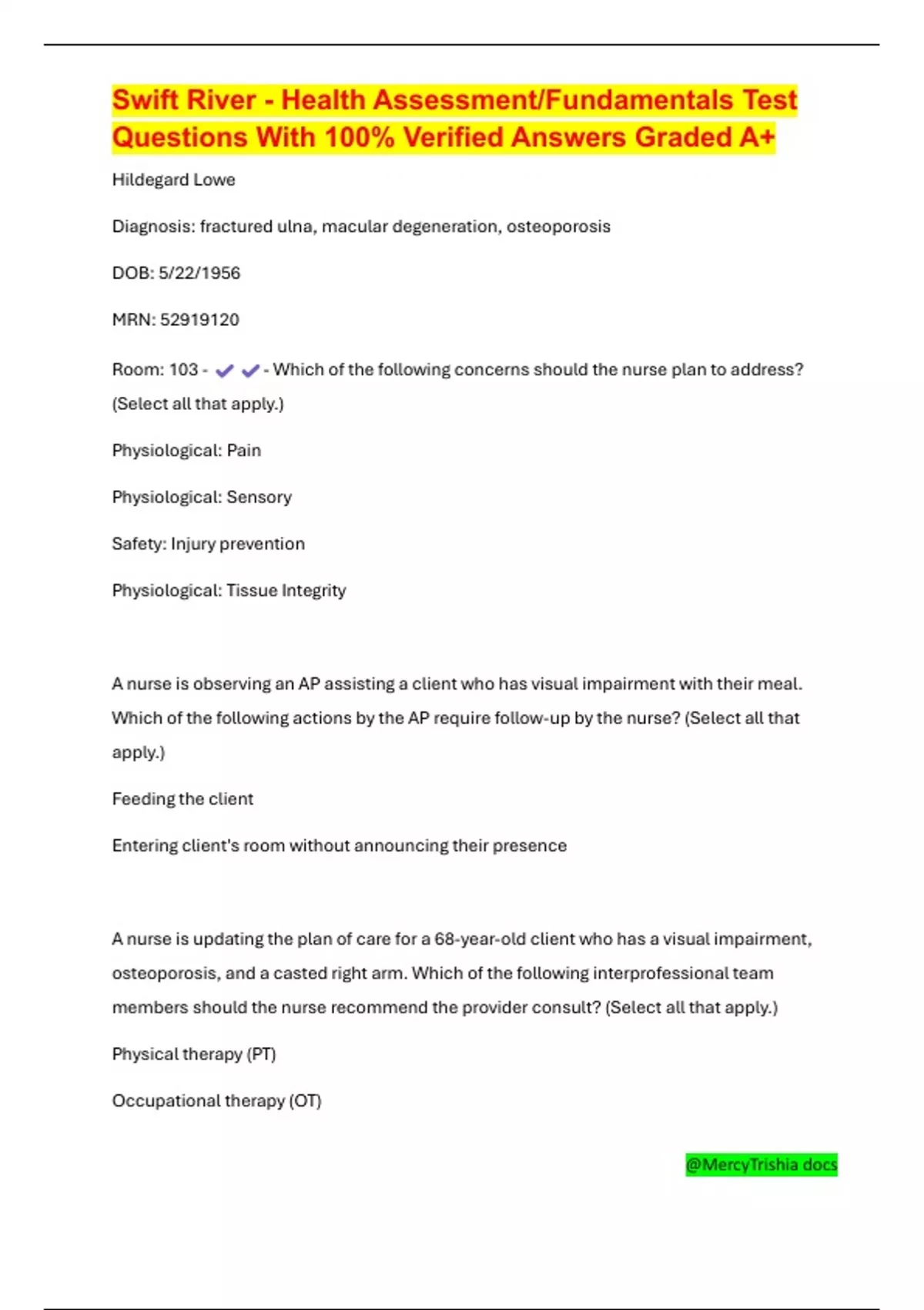 Swift River - Health Assessment/Fundamentals Test Questions With 100% ...