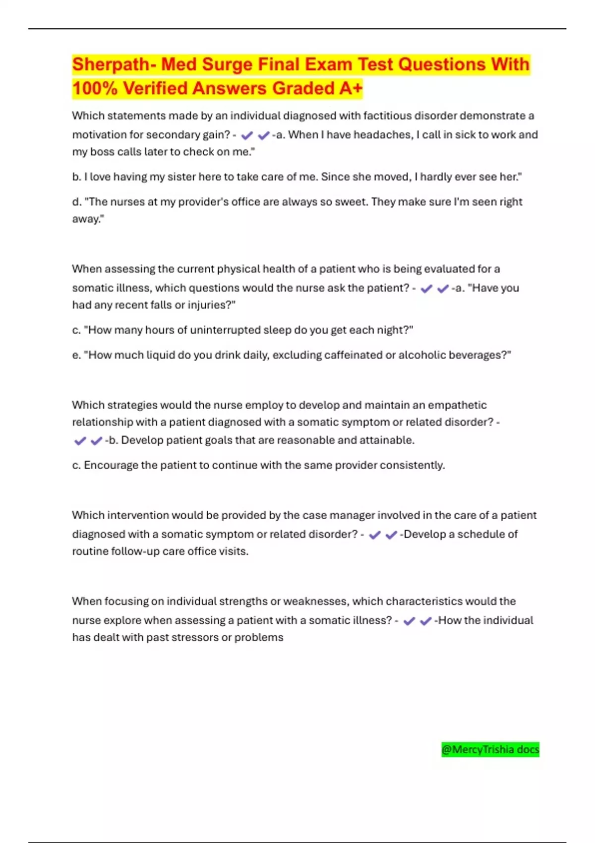 Sherpath- Med Surge Final Exam Test Questions With 100% Verified ...