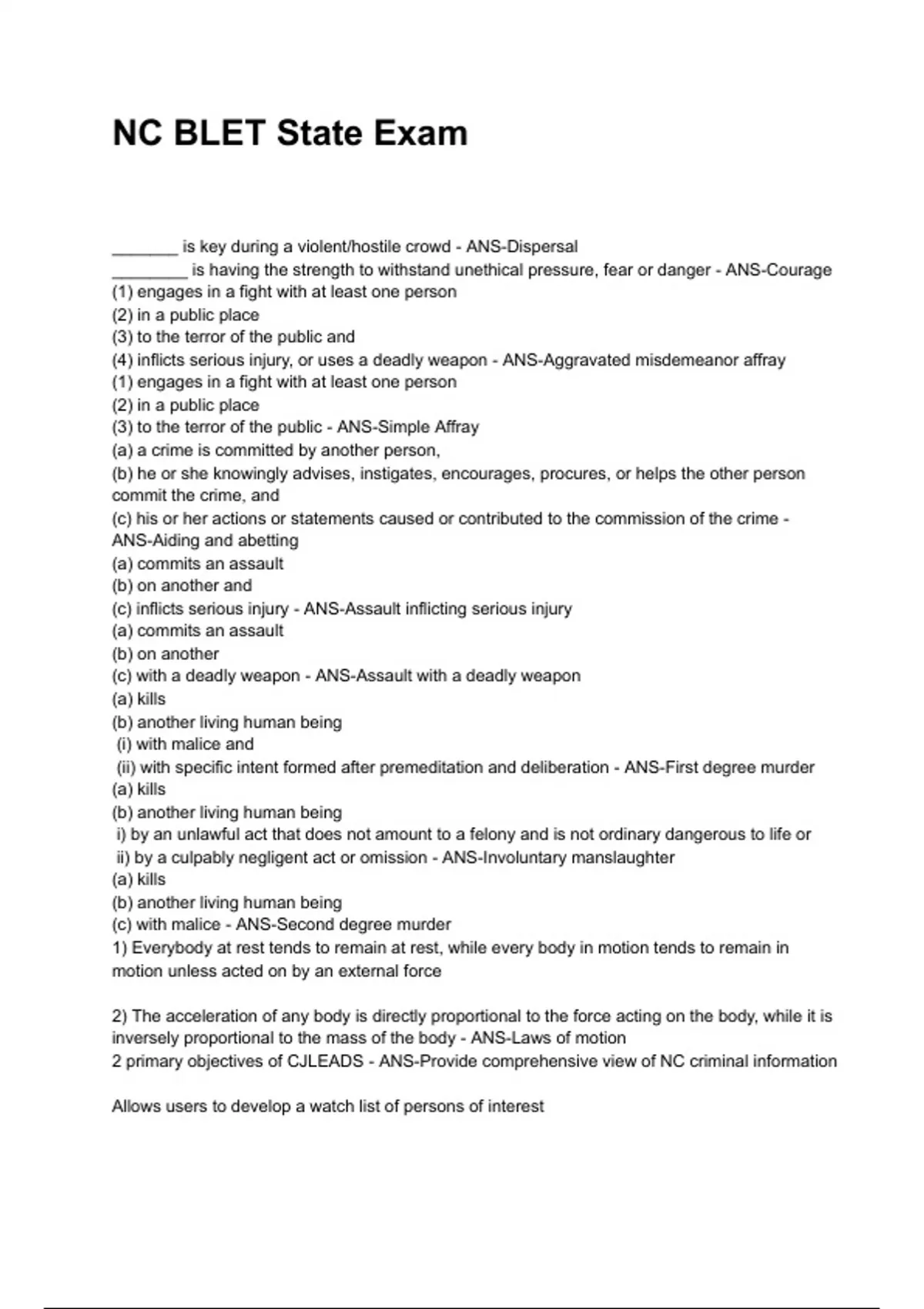 NC BLET STATE EXAM NEWEST 2025/2026 ACTUAL EXAM COMPLETE QUESTIONS AND ...