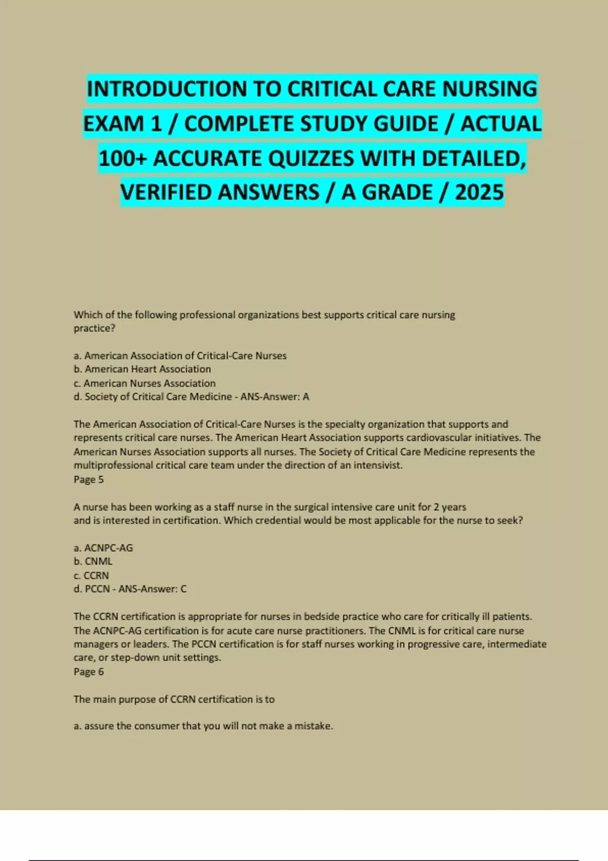 INTRODUCTION TO CRITICAL CARE NURSING EXAM 1; COMPLETE STUDY GUIDE ...