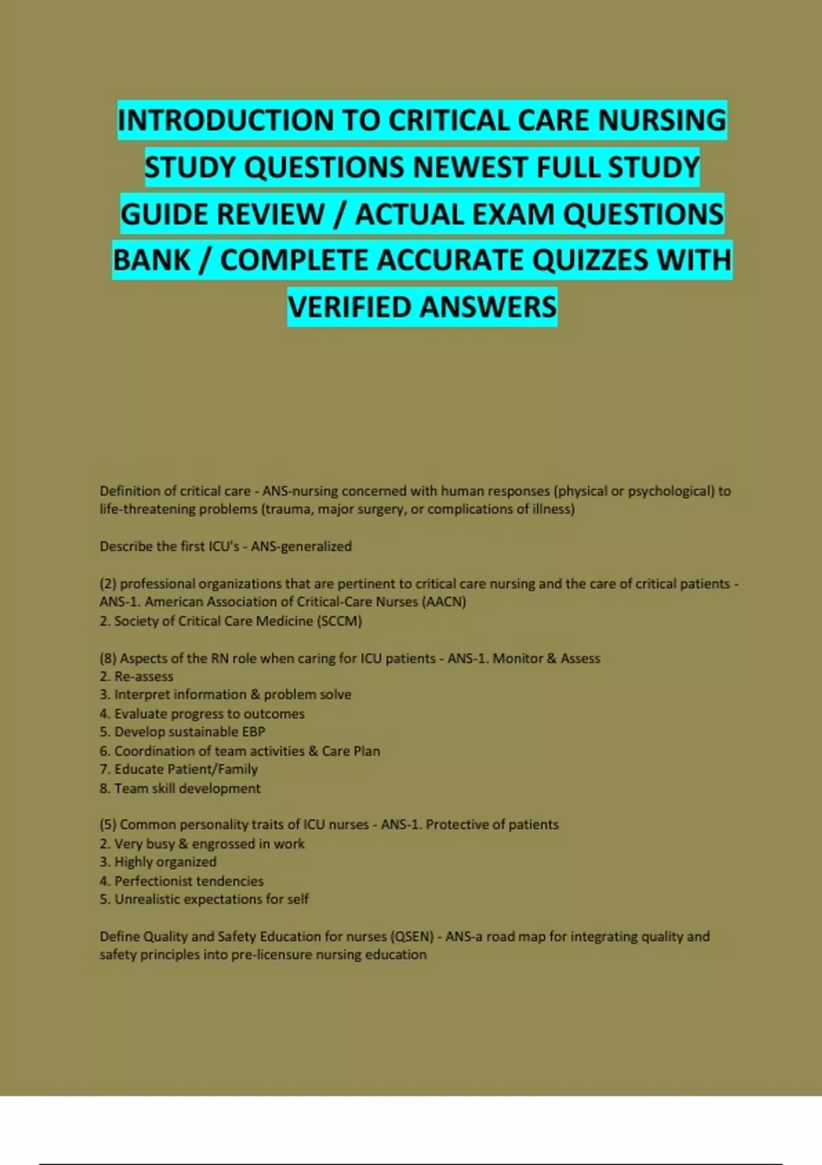 INTRODUCTION TO CRITICAL CARE NURSING STUDY QUESTIONS NEWEST FULL STUDY ...